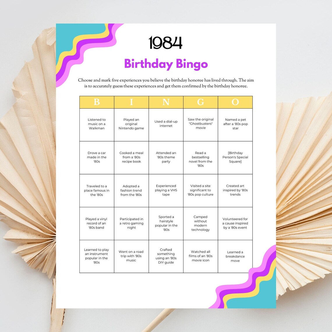 40th Birthday Party Game 1984, Born in 1984, 1984 Trivia Game, Bingo ...