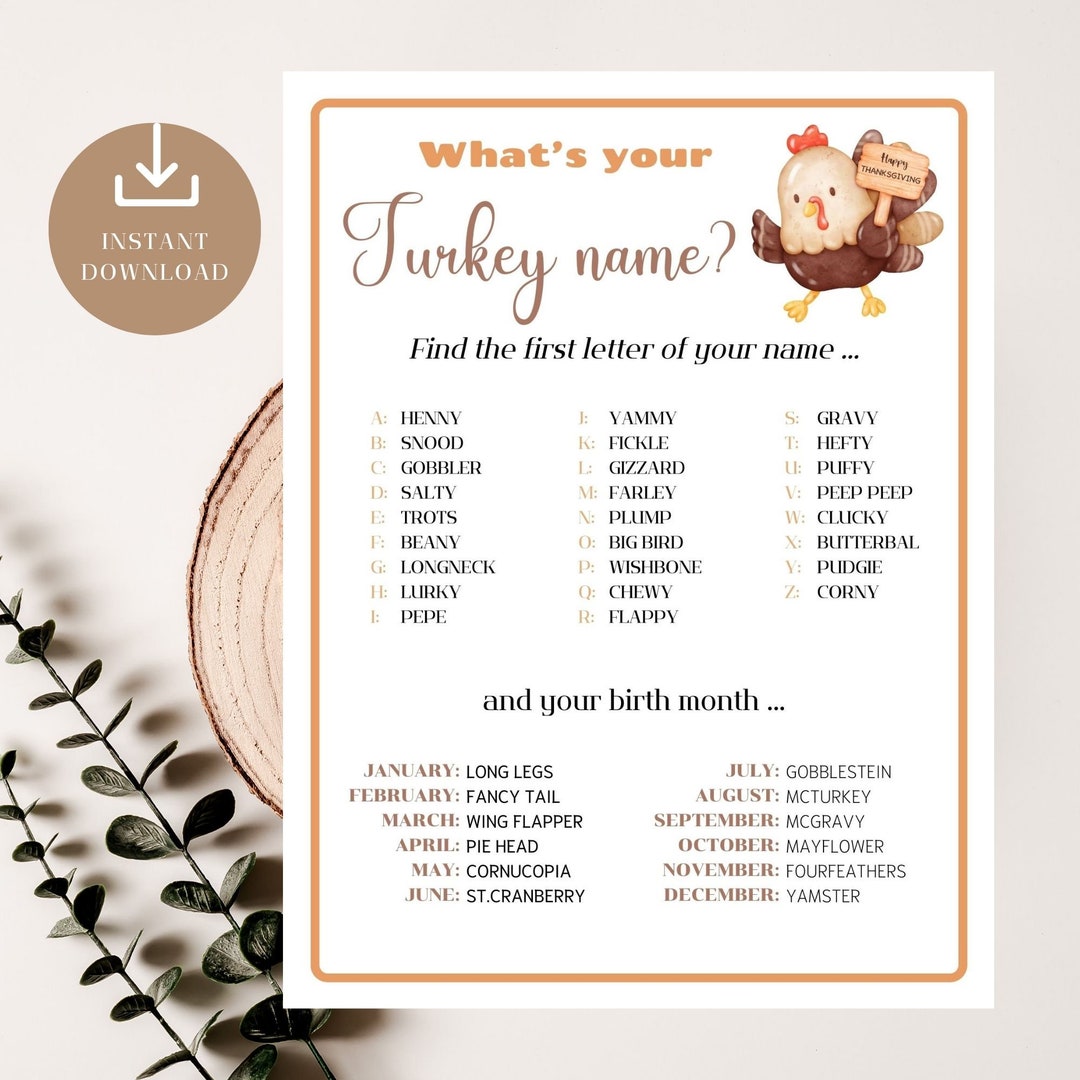What's Your Turkey Name Thanksgiving Game for Kids and Adults, Fall ...