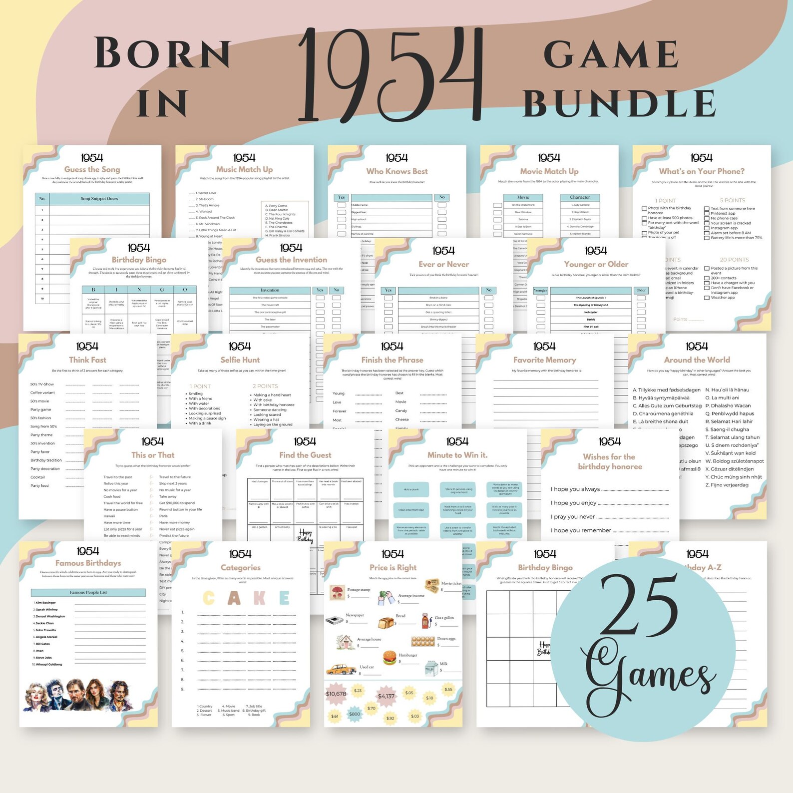 70th Birthday Games Mega Bundle, Born in 1954 Game, 1954 Trivia Game ...