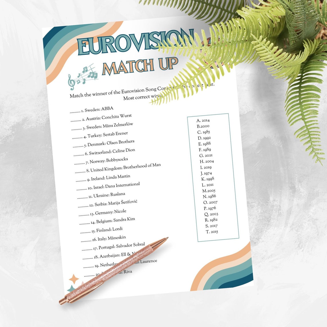 Eurovision Trivia Game Printable, Match Up, ESC Song Contest Party Game ...