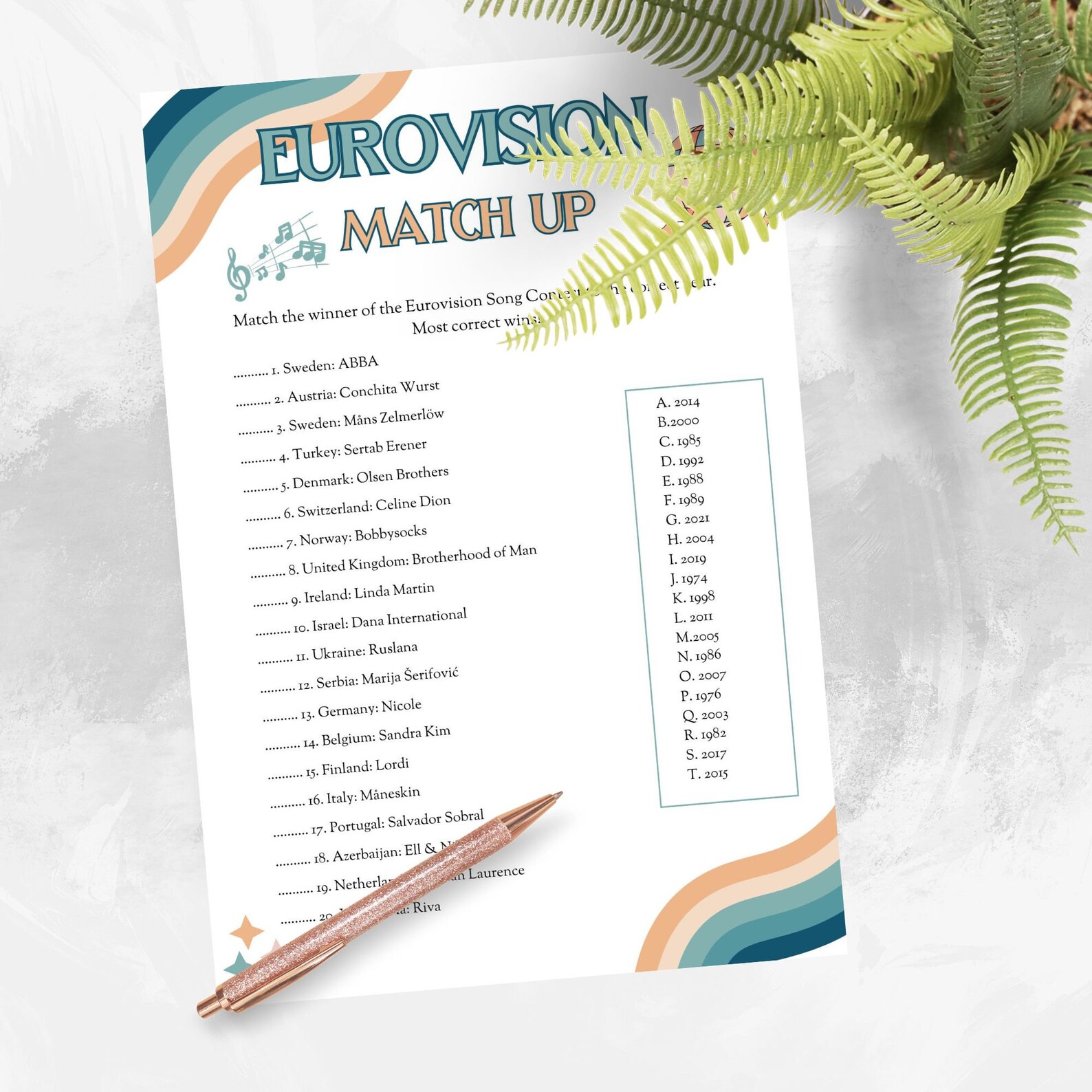 Eurovision Trivia Game Printable, Match Up, ESC Song Contest Party Game ...