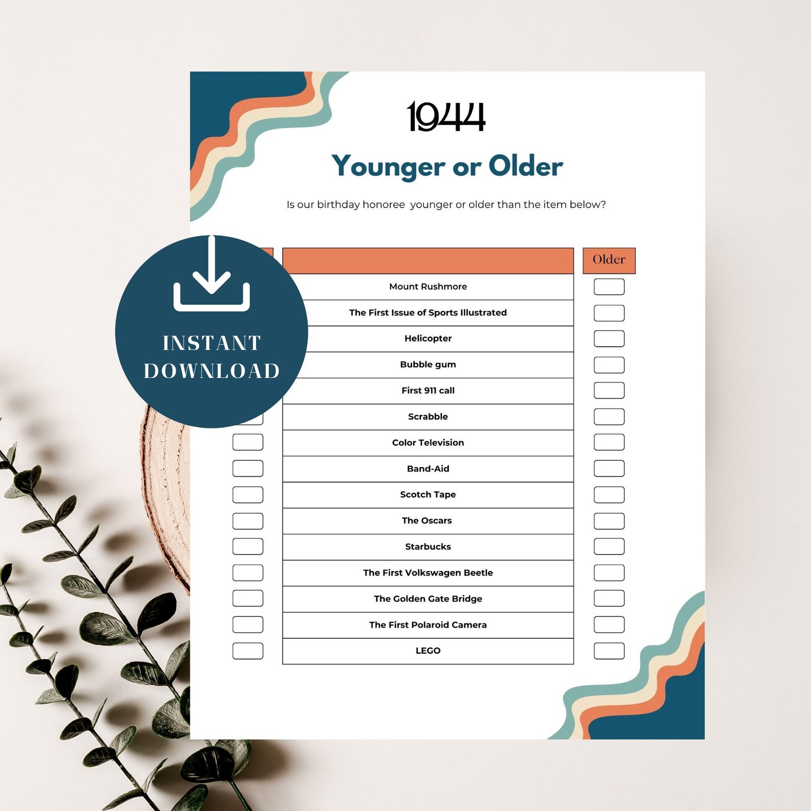 80th Birthday Games, Born in 1944 Trivia Game, Younger or Older, Trivia ...