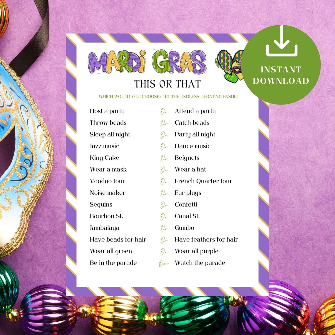Mardi Gras Party Game, This or That, Mardi Gras Carnival Fun & Easy ...
