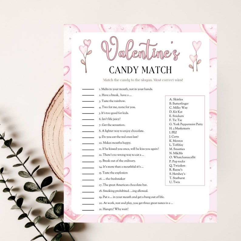 Valentine's Day Party Game Printables, Candy Match Slogans, V Day Last ...