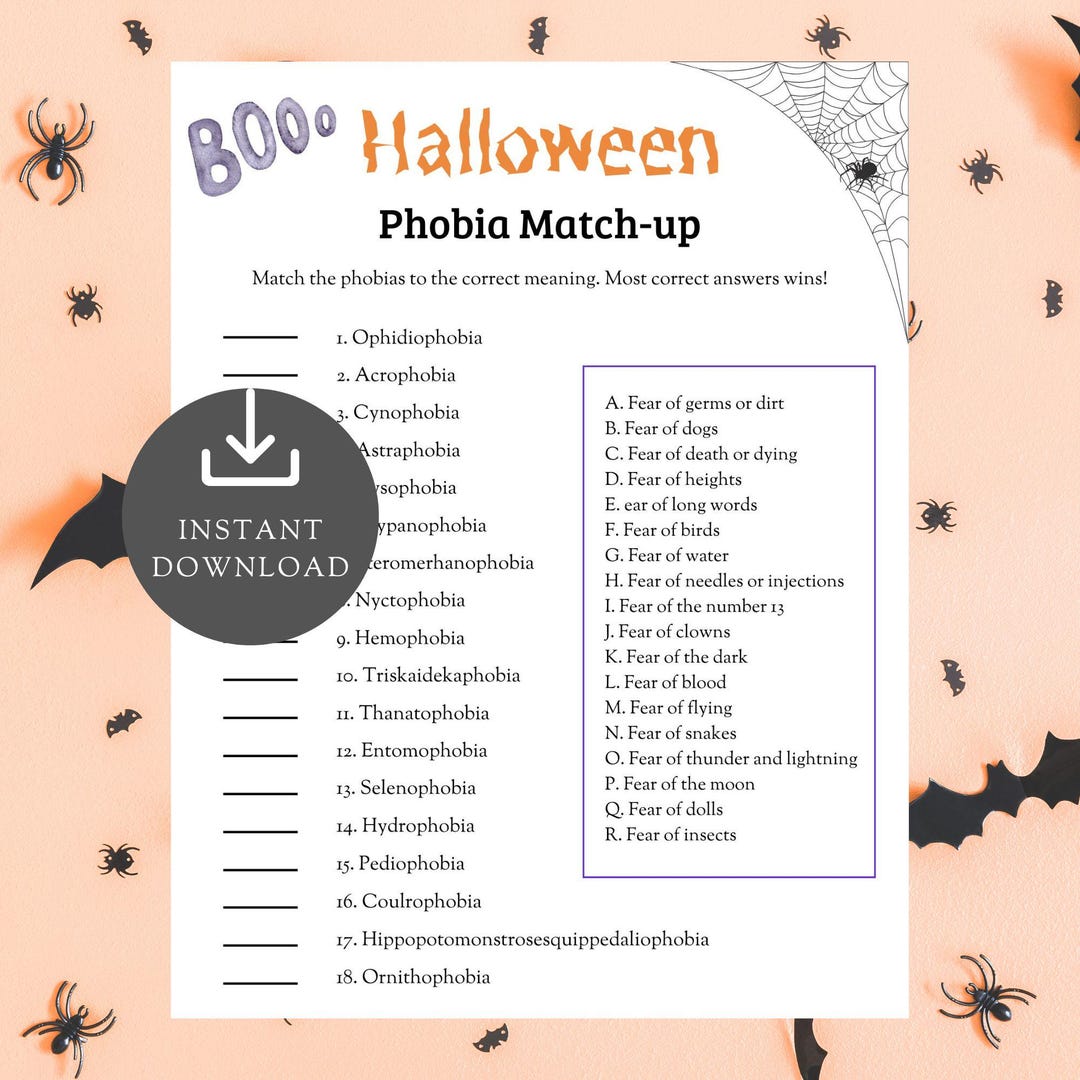 Match the Phobia Game, Fun Printable, Halloween Party, Pet Peeves ...