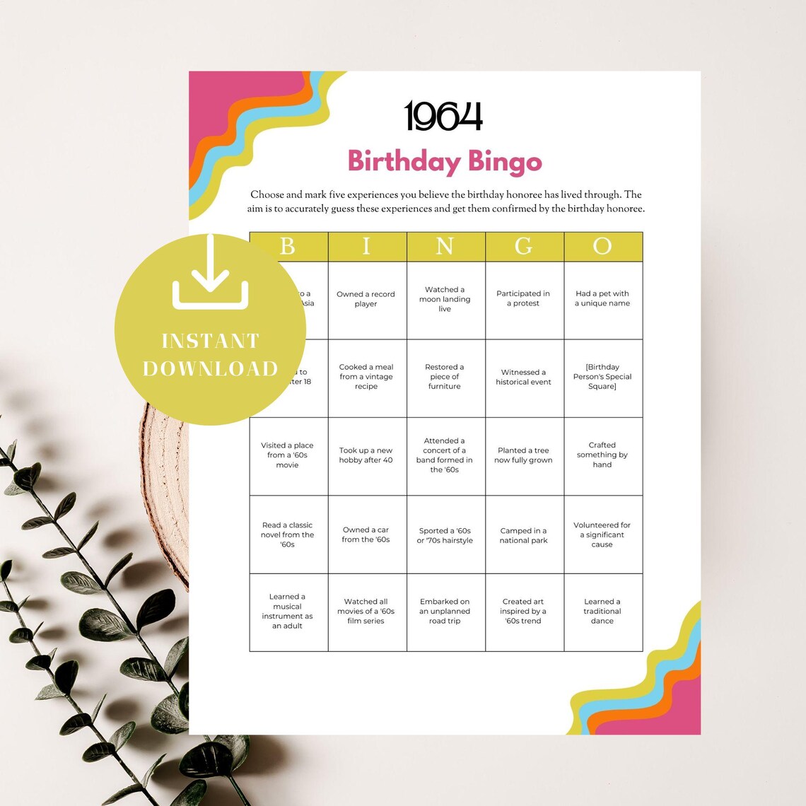 60th Birthday Party Game 1964, Born in 1964, 1964 Trivia Game, Bingo ...