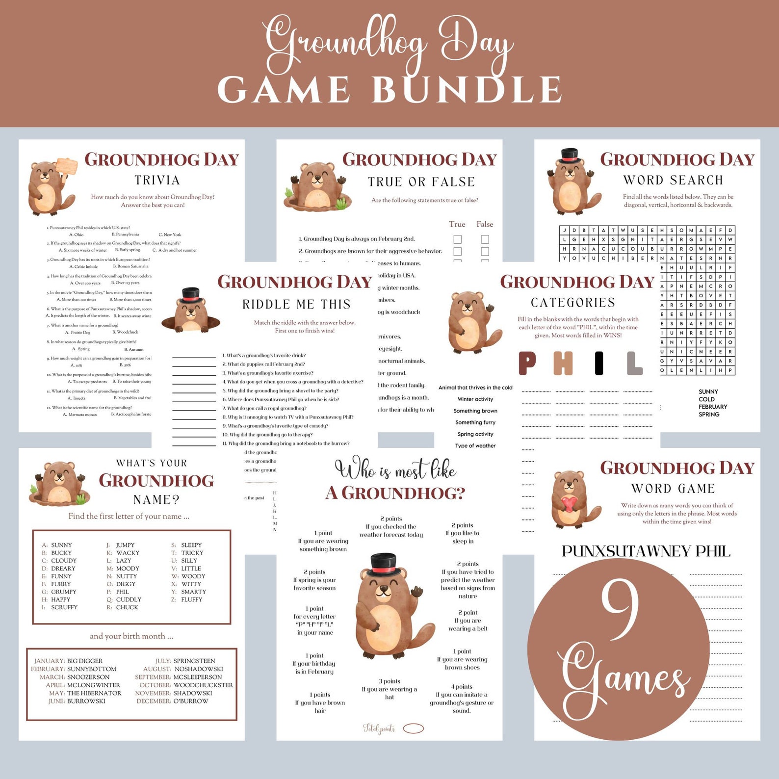 Groundhog Day Game Bundle, Fun Groundhog Party Game for Kids and Adults ...