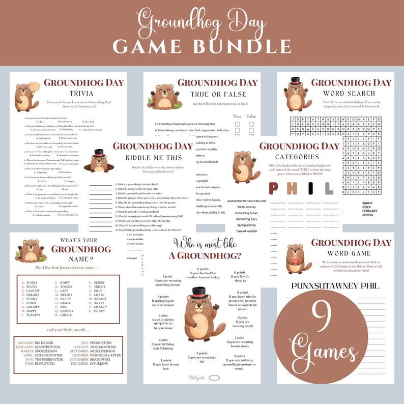 Groundhog Day Game Bundle, Fun Groundhog Party Game for Kids and Adults ...