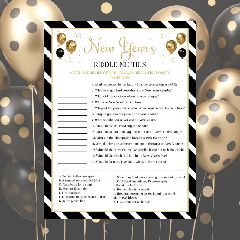 New Years Party Game Printable, Riddle Me This, NYE Icebreaker Activity ...