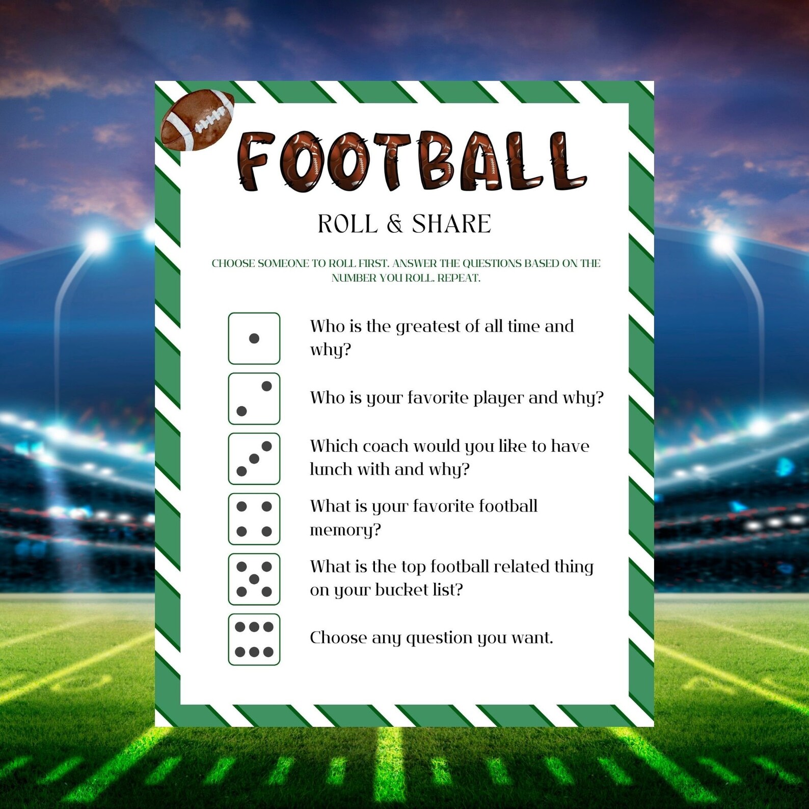 Football Party Games, Dice Roll & Share Questions, American Football ...