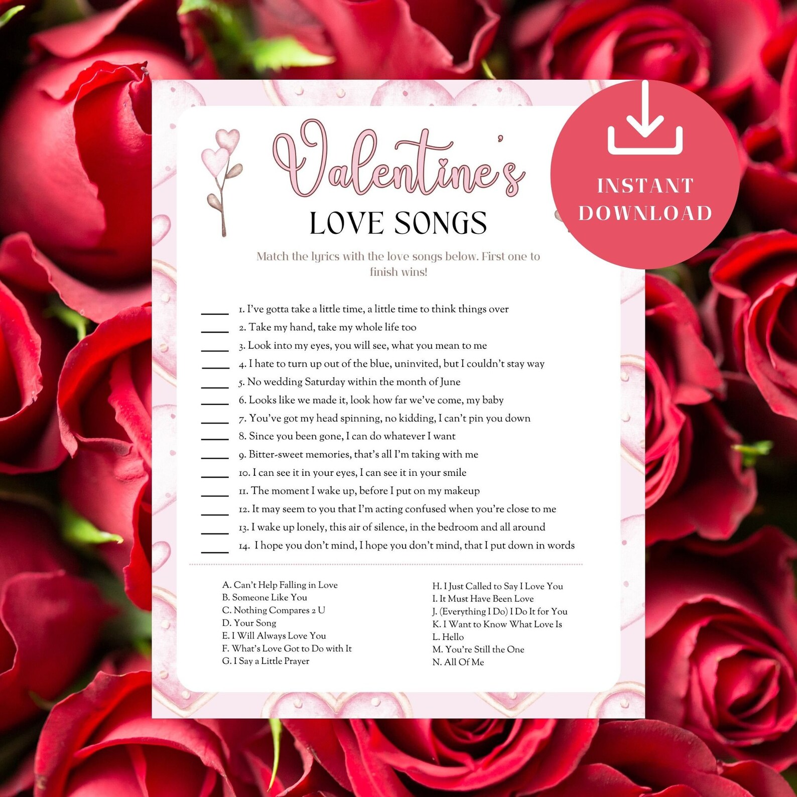 Love Songs Match, Valentine's Day Party Games, DIY Best Game for V Day ...