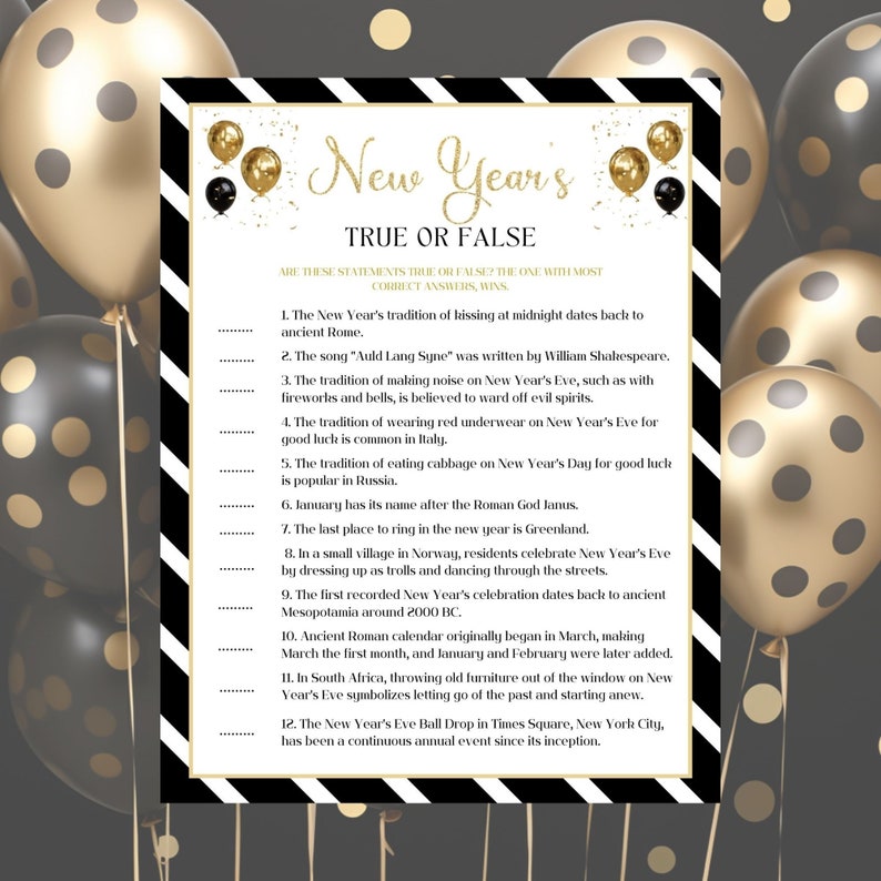 New Years Party Game Printable, True or False, NYE Icebreaker Activity ...