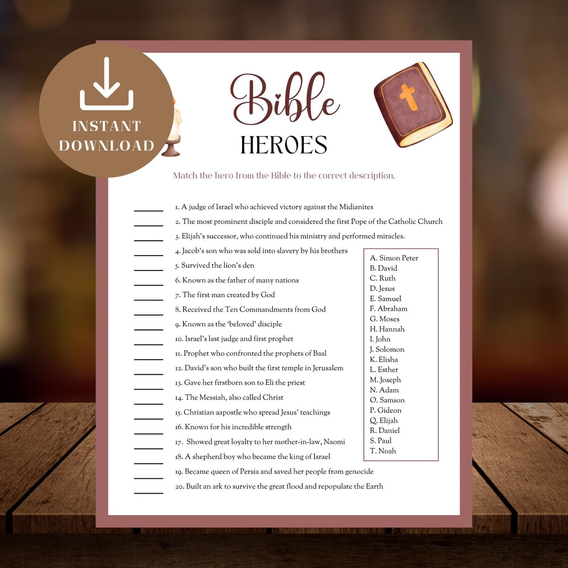 Bible Heroes Matching Game, Bible Activity for Sunday School, Youth ...