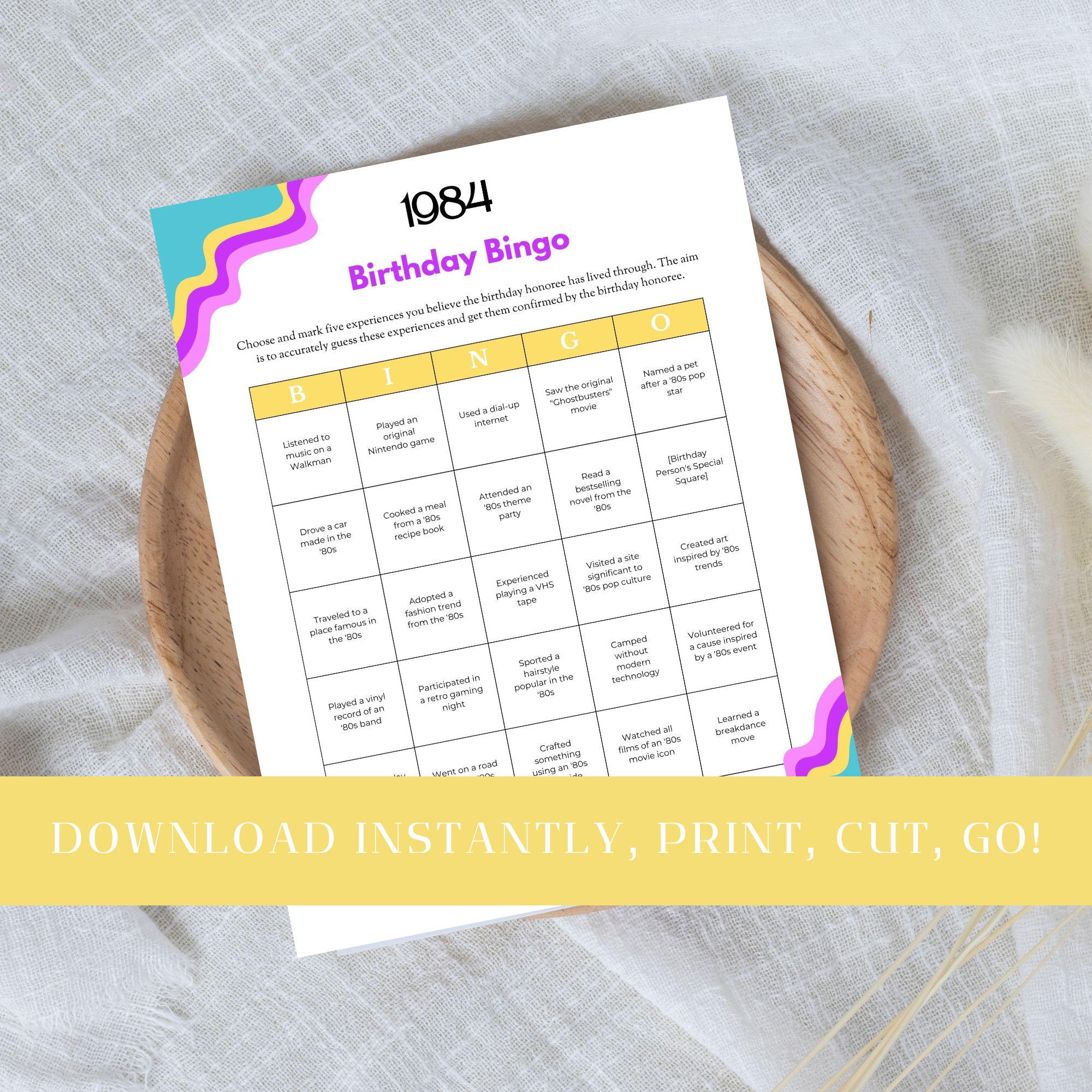 40th Birthday Party Game 1984, Born in 1984, 1984 Trivia Game, Bingo ...