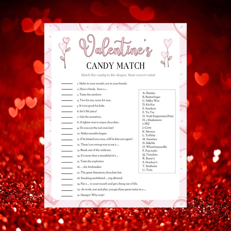 Valentine's Day Party Game Printables, Candy Match Slogans, V Day Last ...