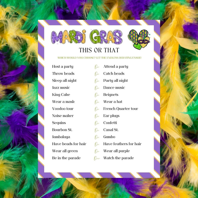 Mardi Gras Party Game, This or That, Mardi Gras Carnival Fun & Easy ...