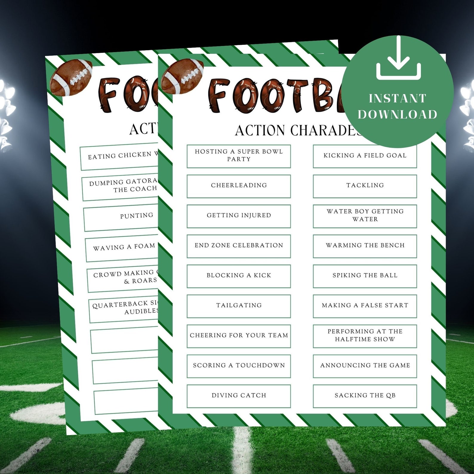 Football Action Charades, 42 Cards, American Football Party Game Day ...