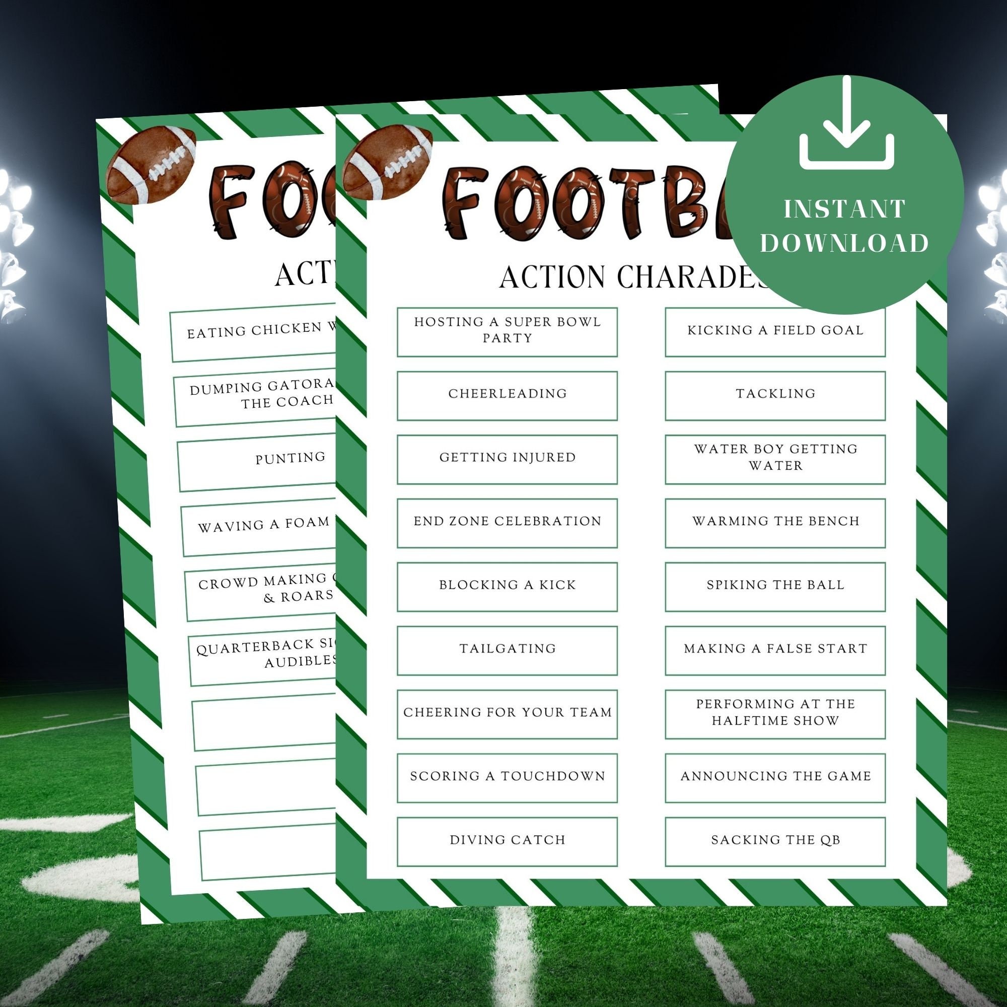 Football Action Charades, 42 Cards, American Football Party Game Day ...