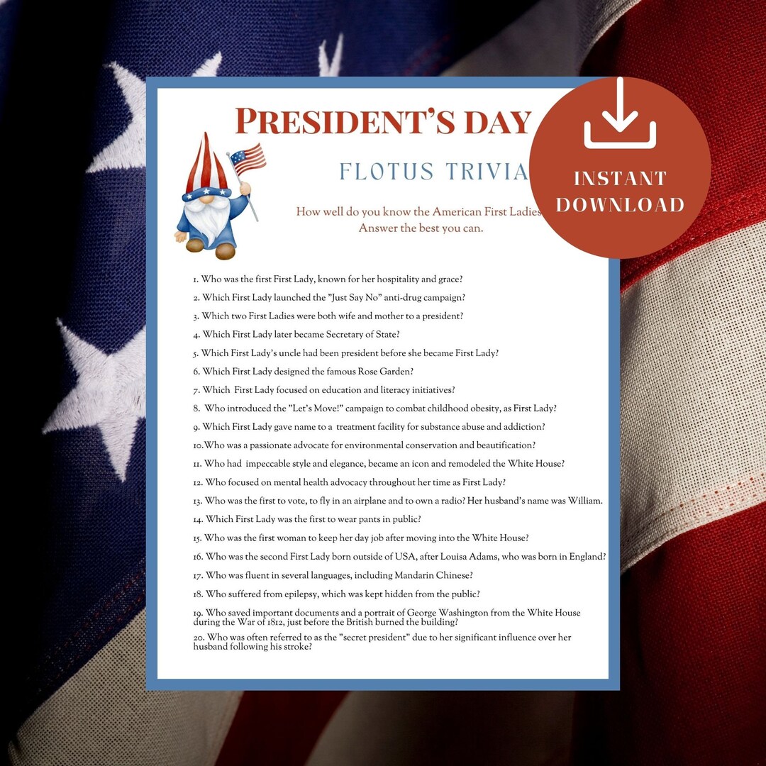 President's Day Trivia Game, Fun Facts First Ladies, Kids & Adults, Fun ...