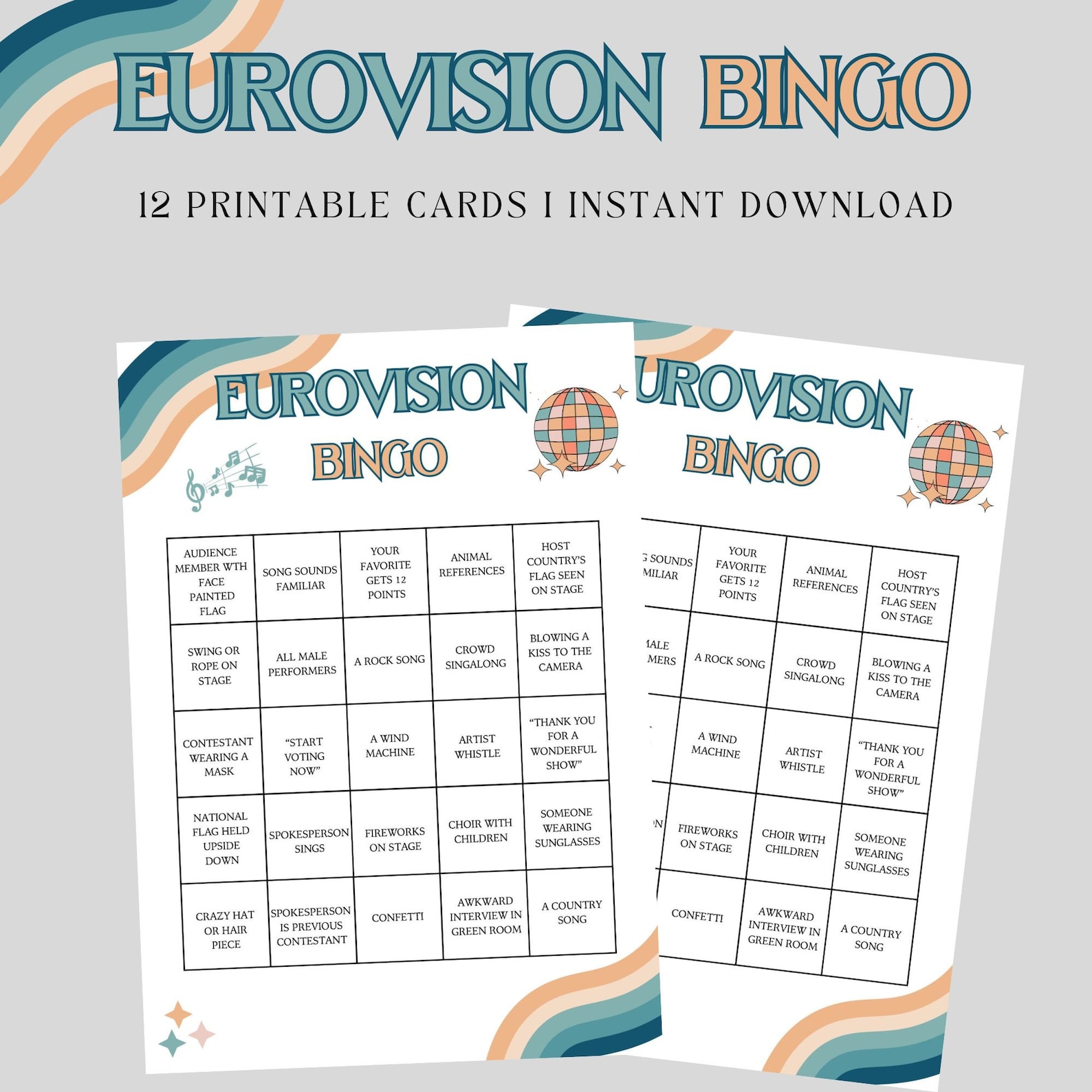 Eurovision Printable, ESC Bingo Cards, Eurovision Party Game Night ...