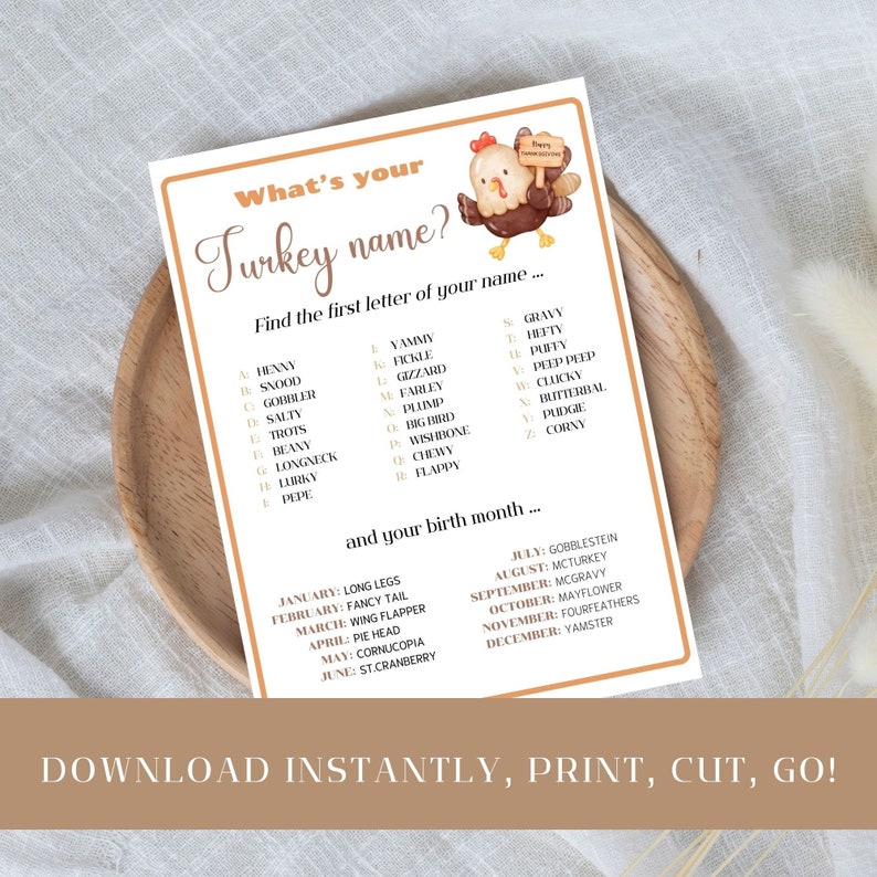 What's Your Turkey Name Thanksgiving Game for Kids and Adults, Fall ...