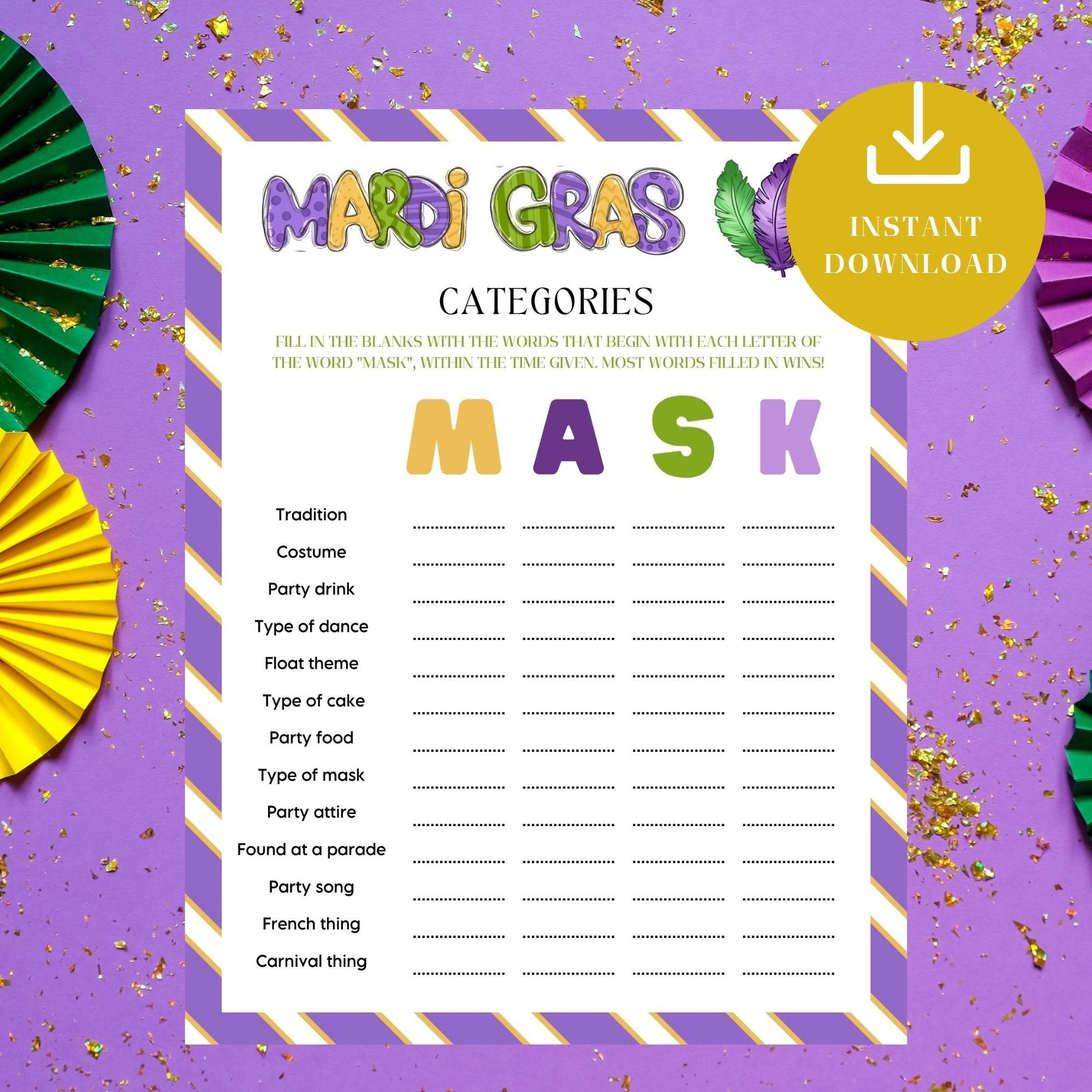 Mardi Gras Party Game, Categories Word Game, Mardi Gras Carnival Fun ...