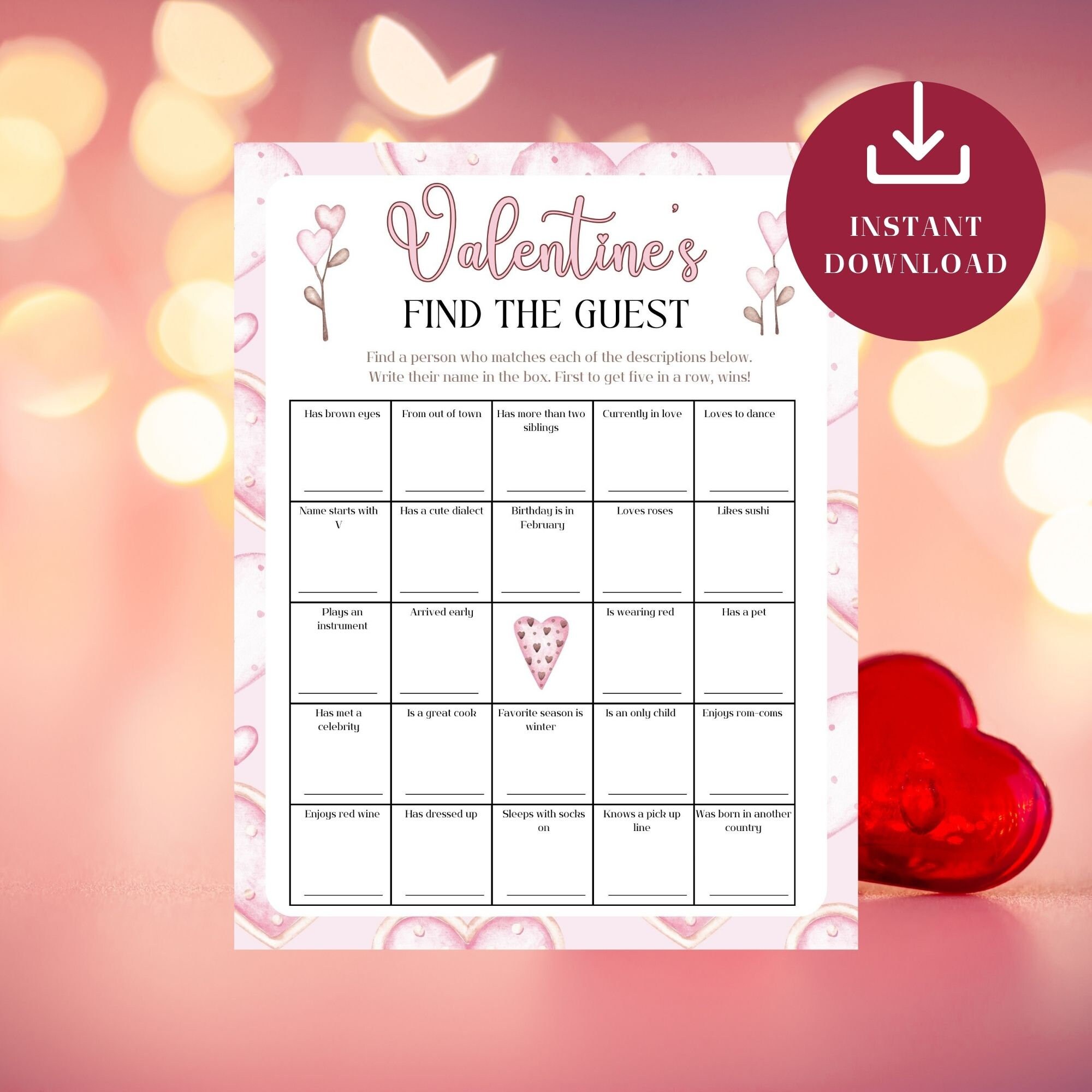 Valentine's Day Party Game Printable, Find the Guest Bingo, V Day Last ...