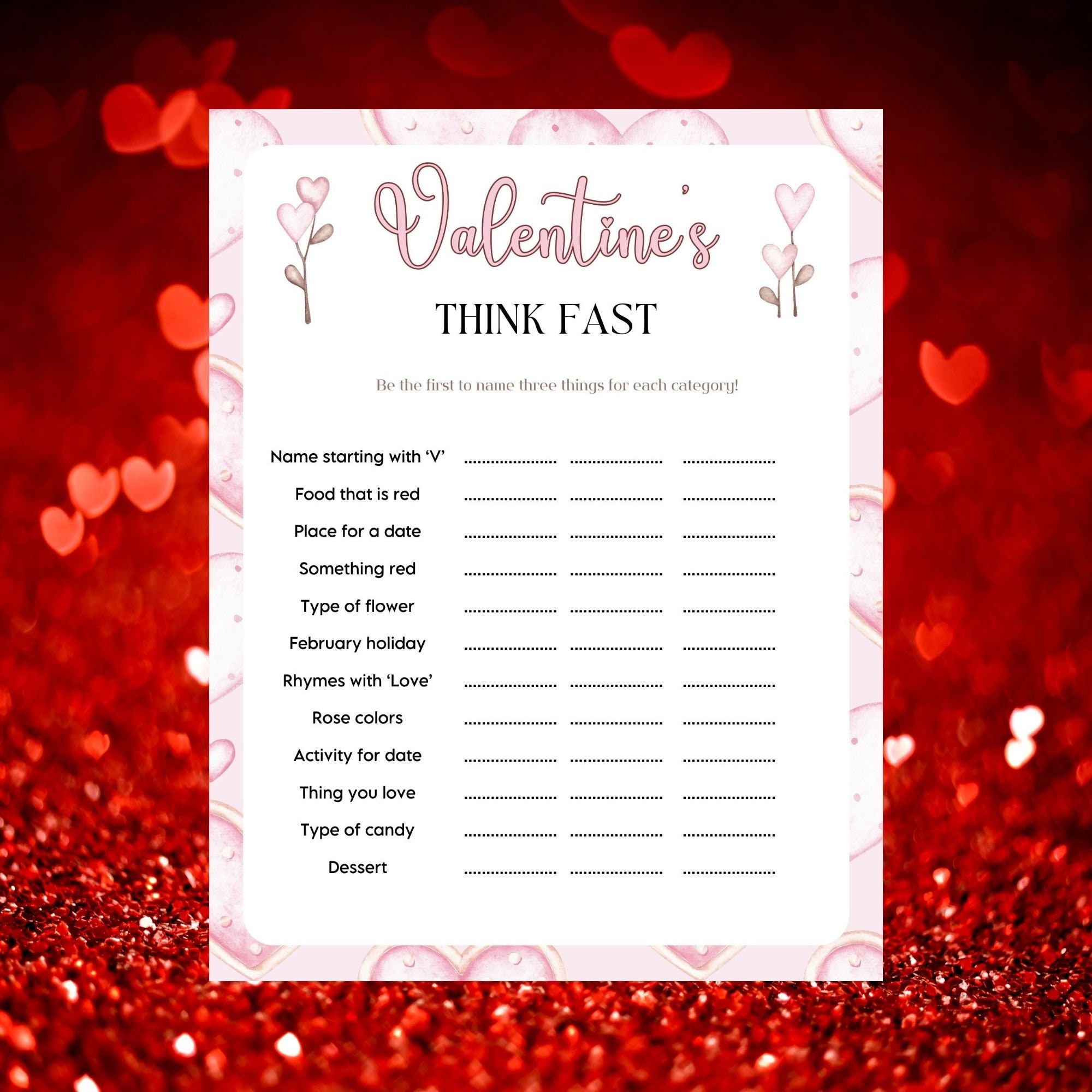 Valentine's Day Kids Party Game Printable, Think Fast, V Day Last ...