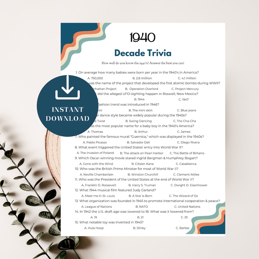 1940s Decade Trivia Party Game, 80th Birthday, Born in 1944, 1944 ...