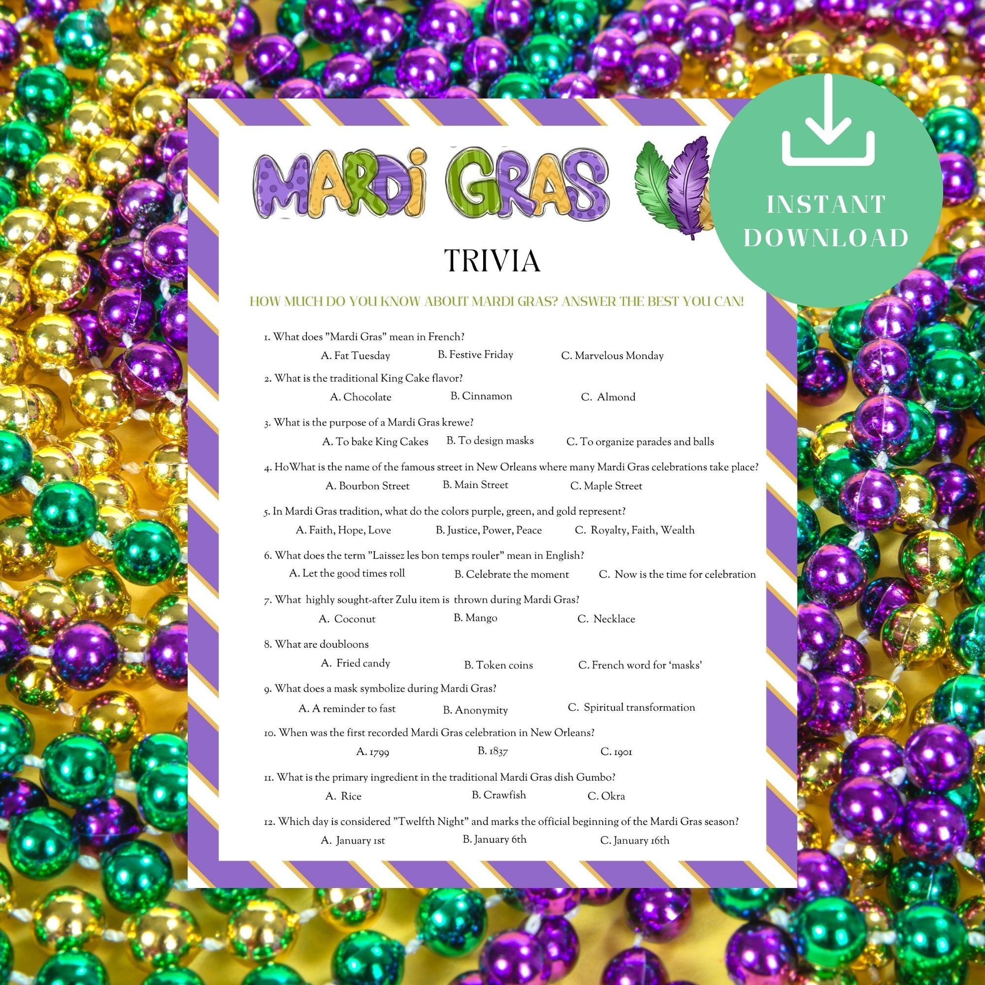 Mardi Gras Party Game, Trivia Questions, New Orleans Carnival Fun ...
