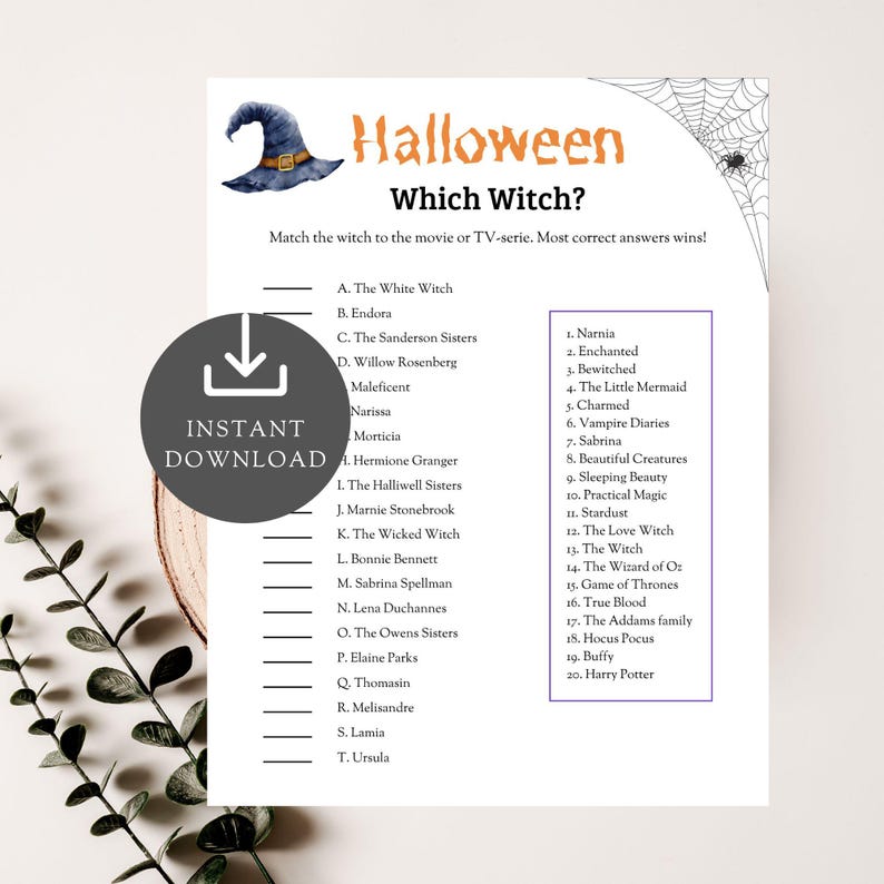 Match the Witch Game, Fun Printable, Halloween Party, Witches Night Out ...