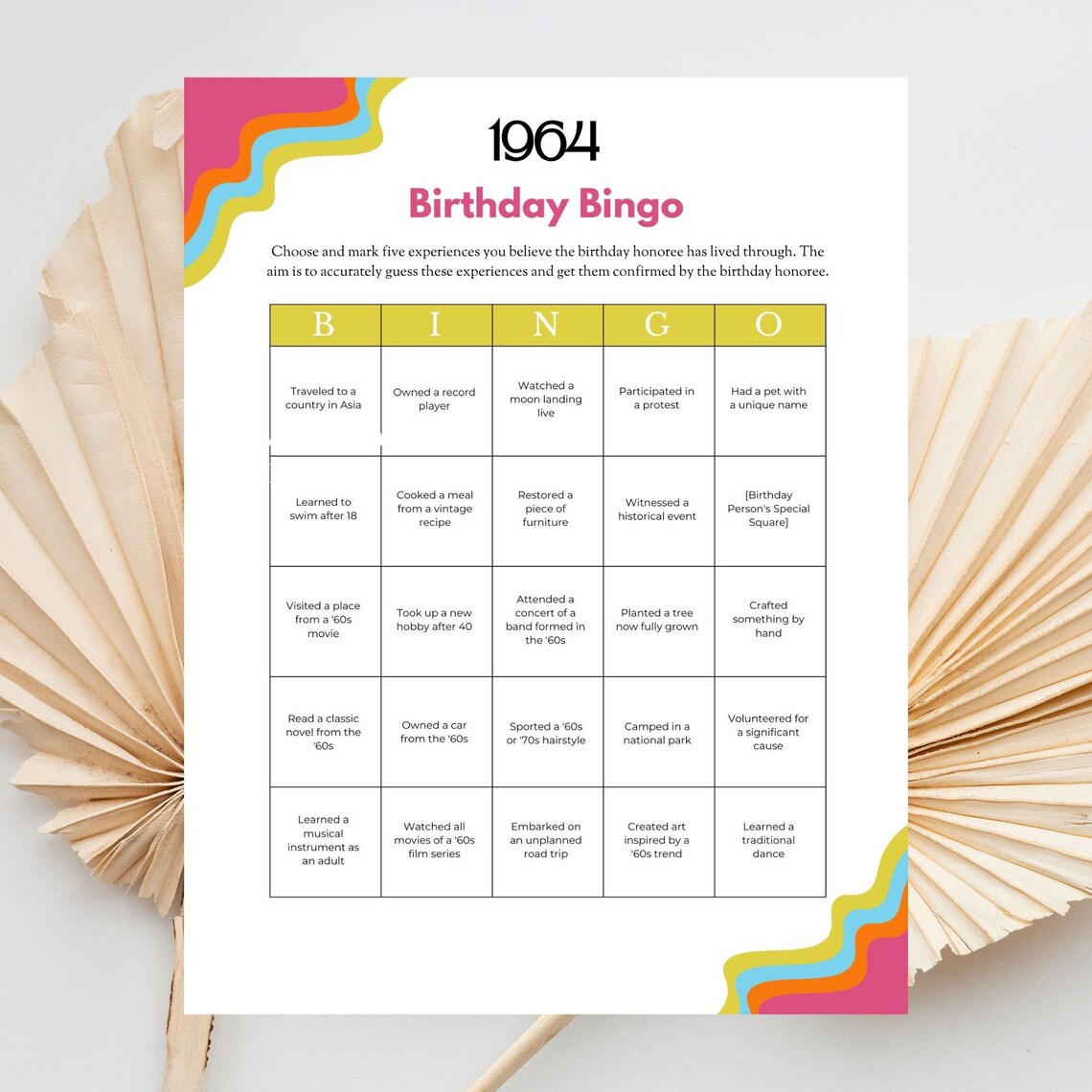 60th Birthday Party Game 1964, Born in 1964, 1964 Trivia Game, Bingo ...