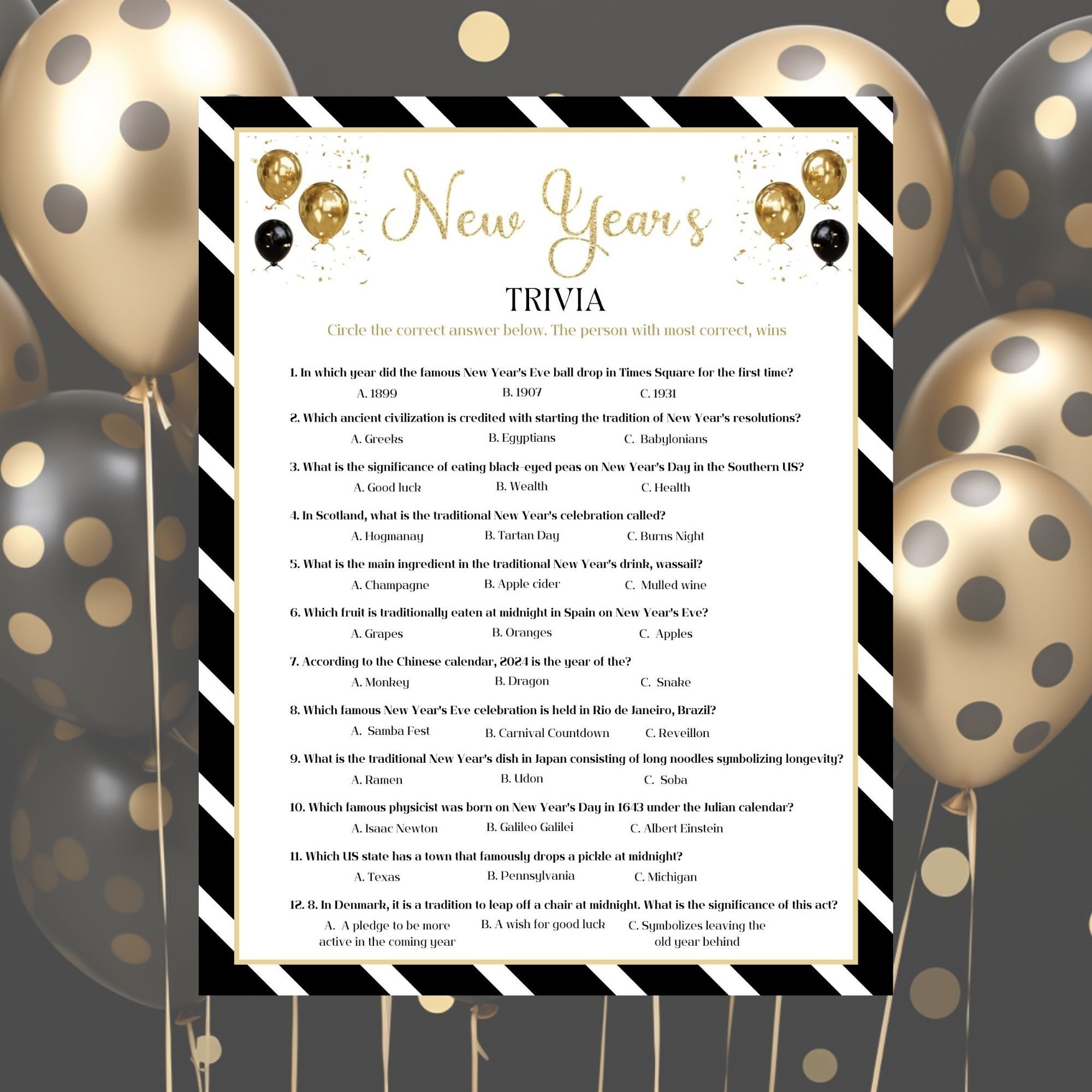 New Years Trivia Party Game Printable NYE Icebreaker - Etsy