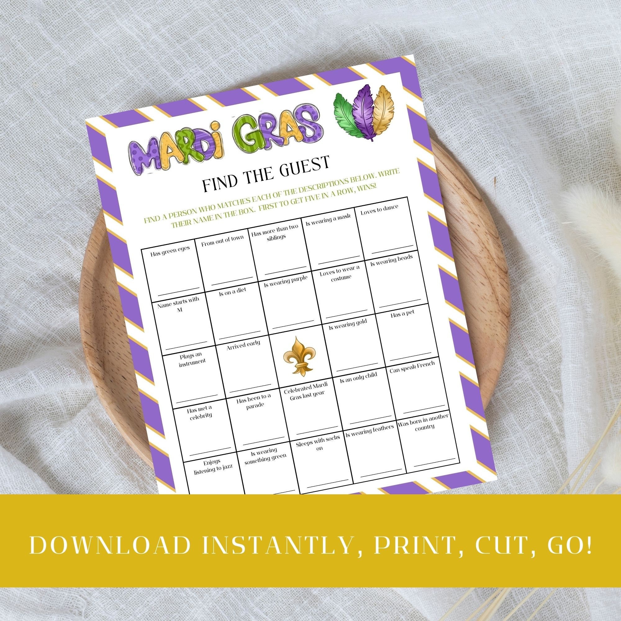 Mardi Gras Party Game, Find the Guest Human Bingo, New Orleans Carnival ...