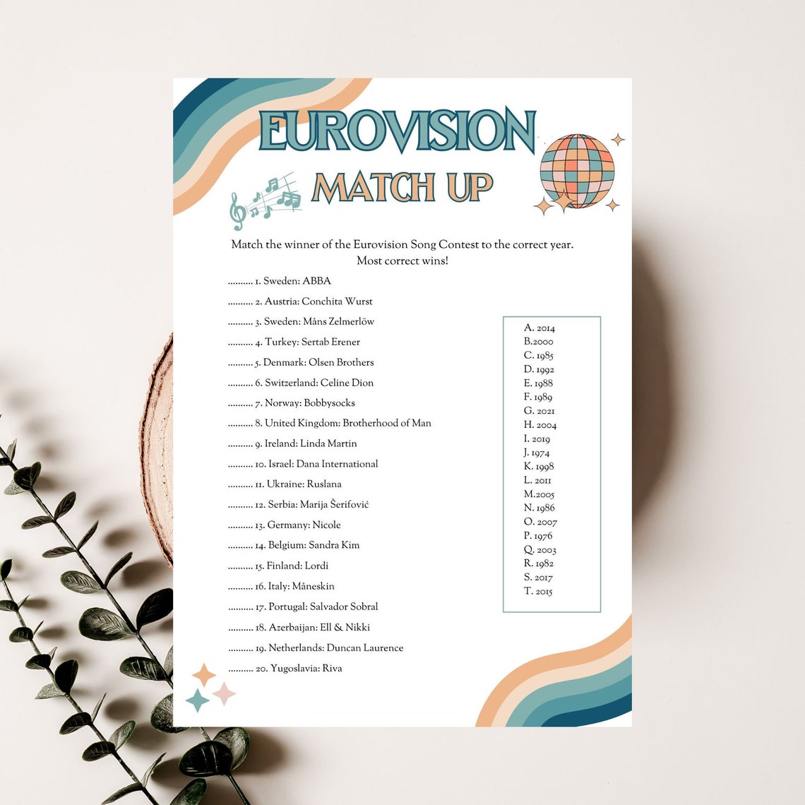 Eurovision Trivia Game Printable, Match Up, ESC Song Contest Party Game ...