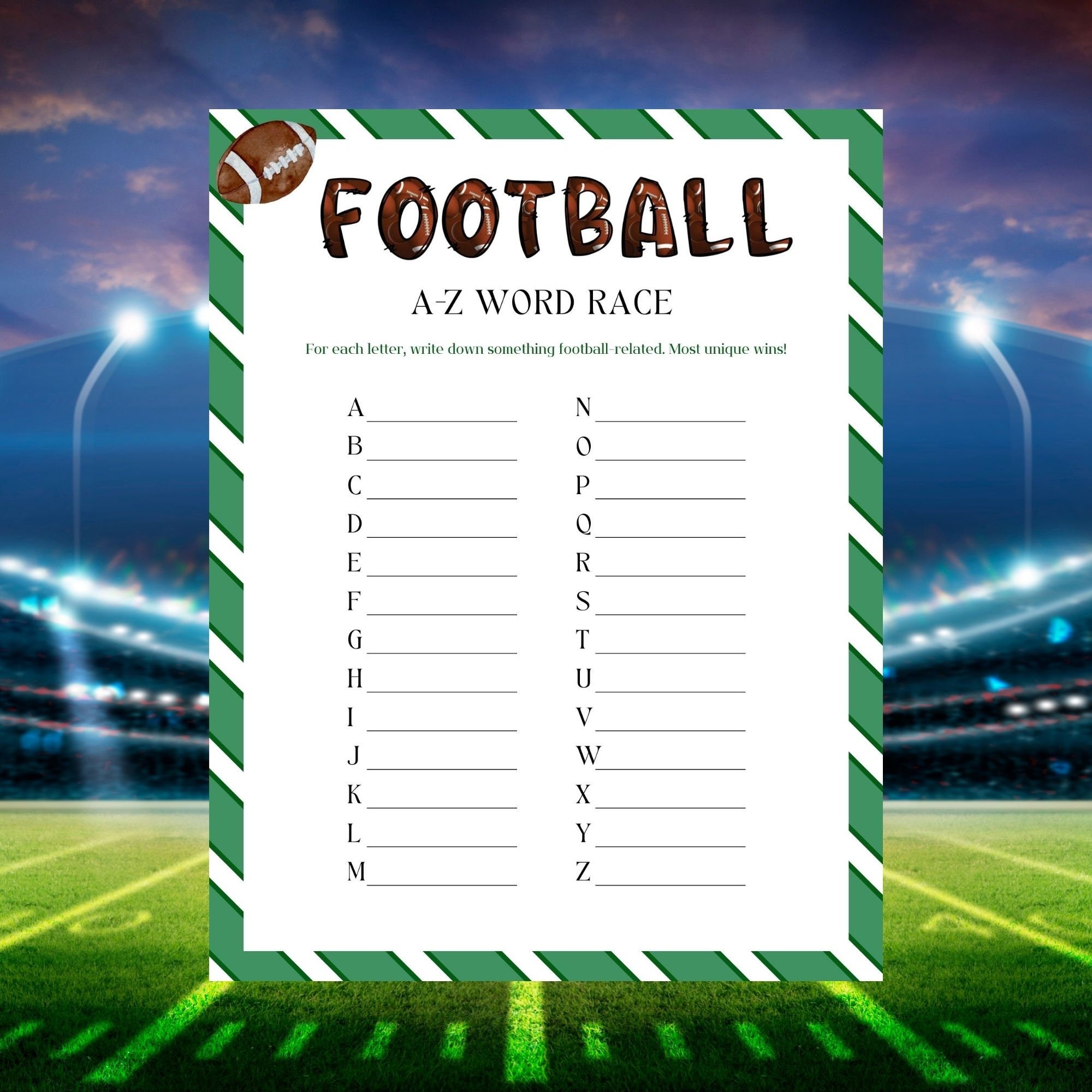 Football Party Games, A-Z Word Race, American Football Event for Kids ...