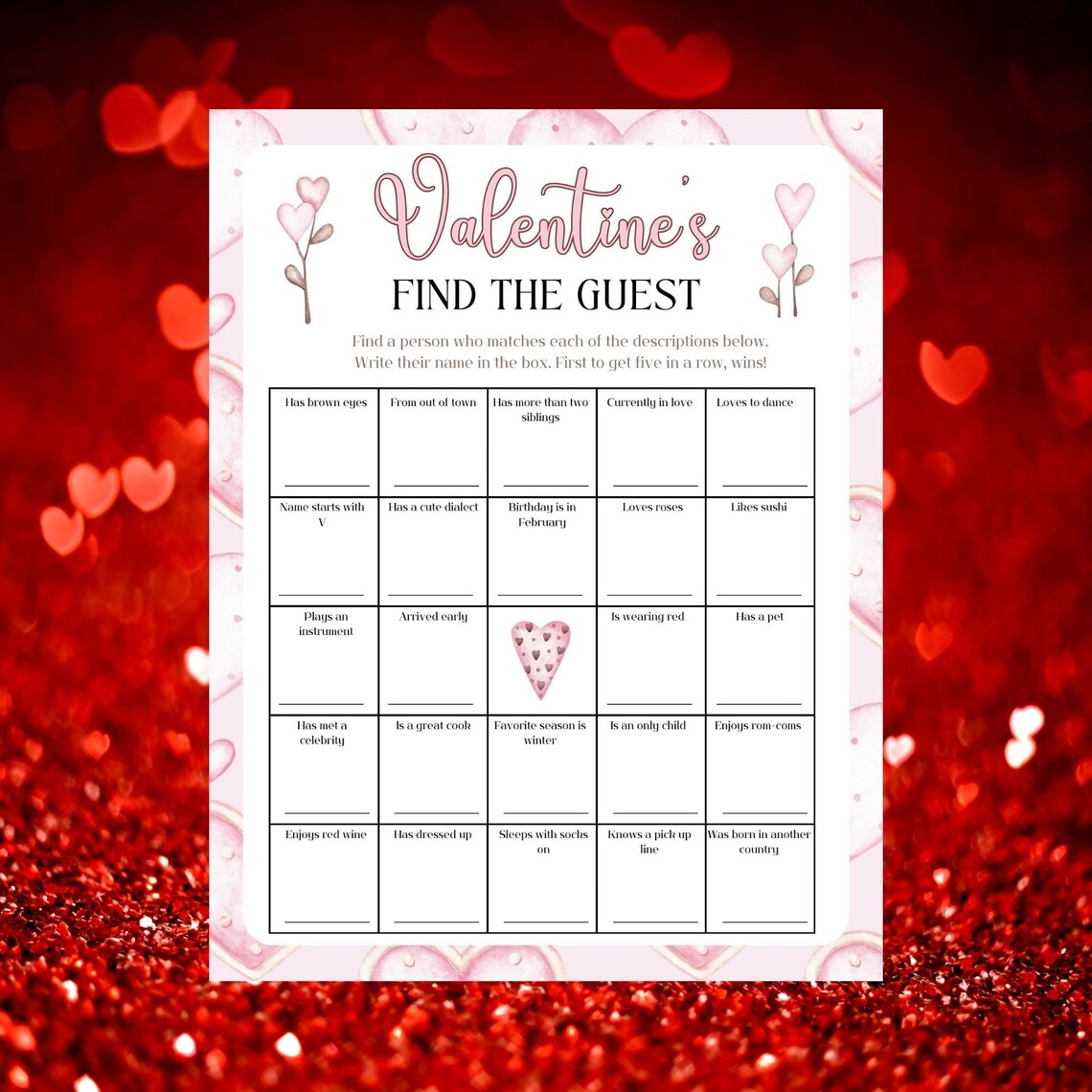 Valentine's Day Party Game Printable, Find the Guest Bingo, V Day Last ...