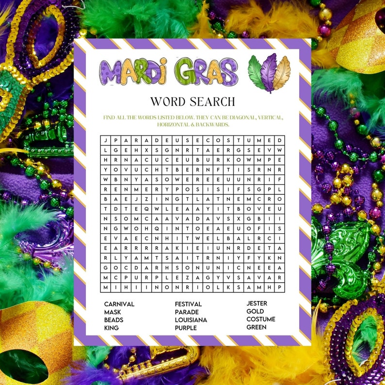 Mardi Gras Party Game, Word Search, New Orleans Carnival Fun & Easy ...