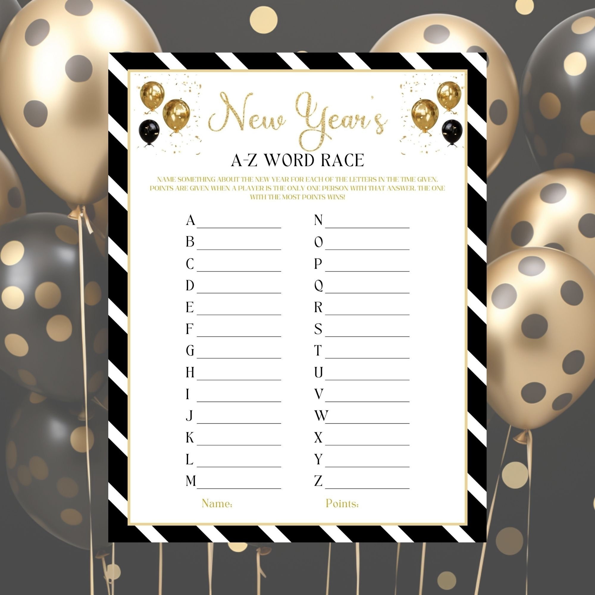 New Years Party Game Printable, A-Z Word Race, NYE Icebreaker Activity ...