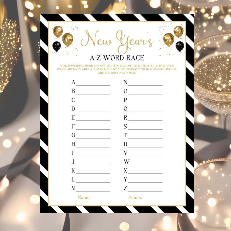 New Years Party Game Printable, A-Z Word Race, NYE Icebreaker Activity ...