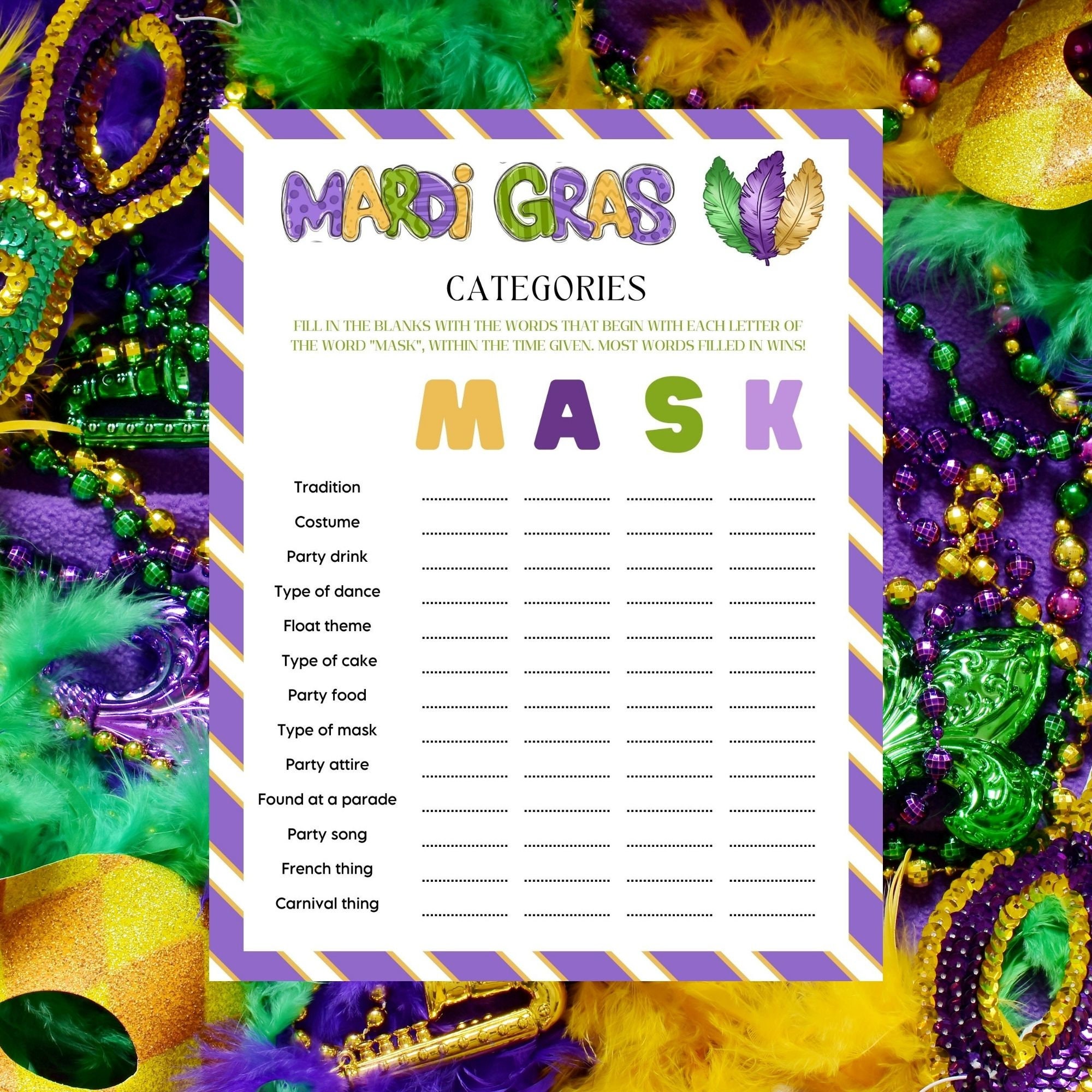 Mardi Gras Party Game, Categories Word Game, Mardi Gras Carnival Fun ...