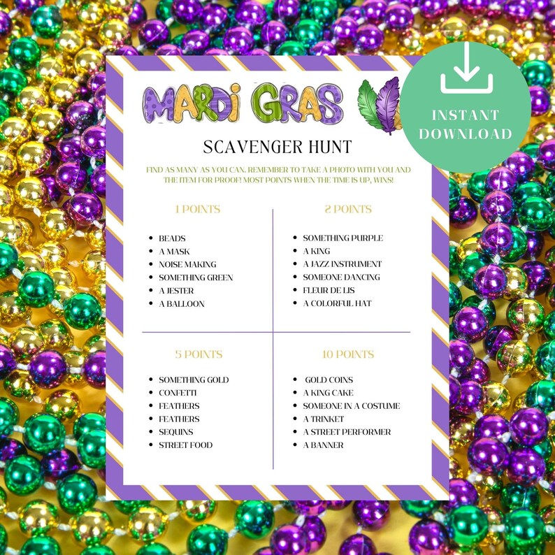 Mardi Gras Scavenger Hunt Party Game, New Orleans Carnival Fun Easy ...