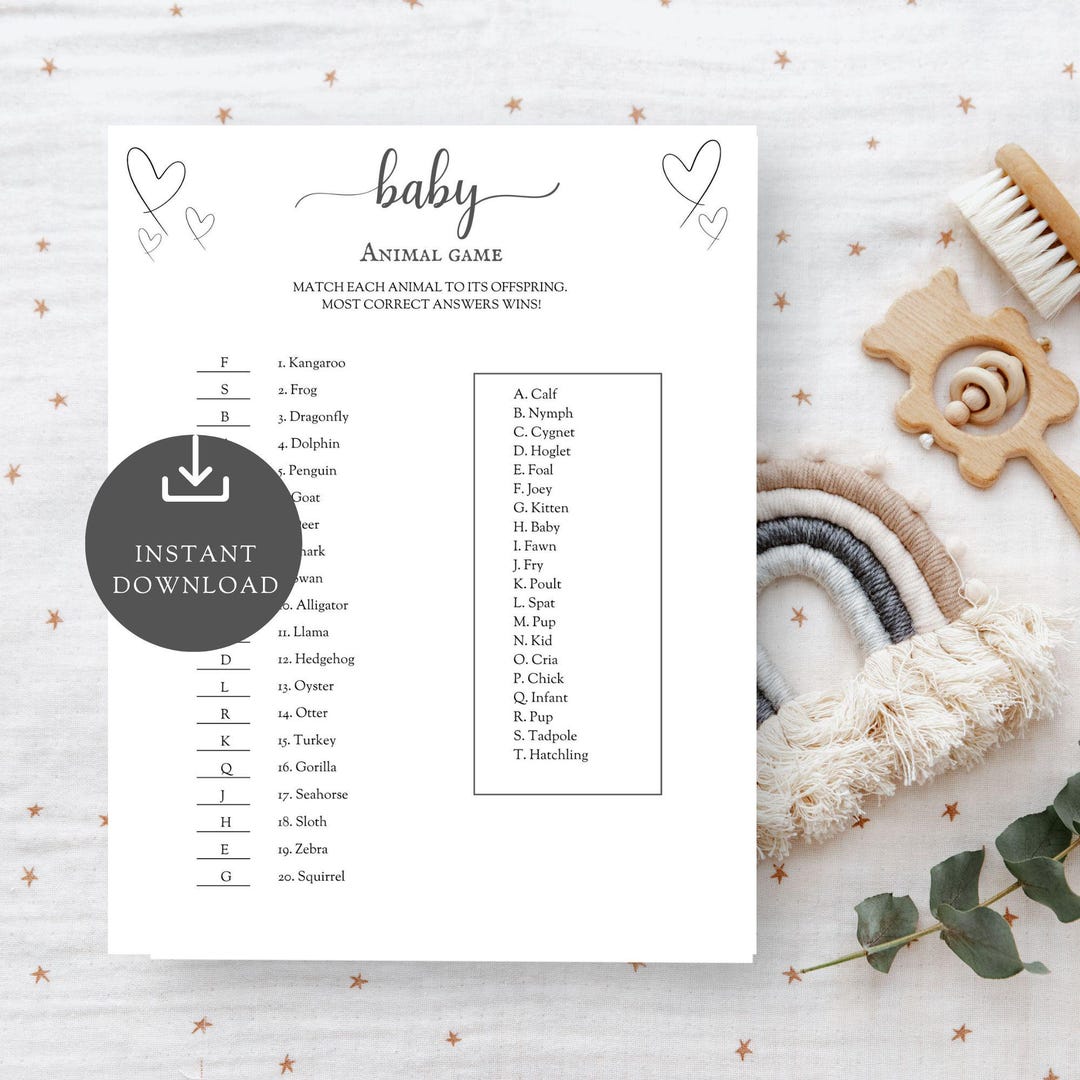 Printable Animal Baby Shower Party Name Game, Trivia Minimalist Guess ...