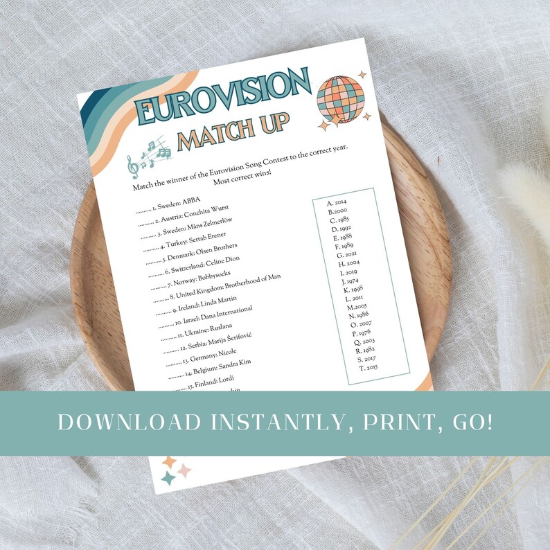 Eurovision Trivia Game Printable, Match Up, ESC Song Contest Party Game ...