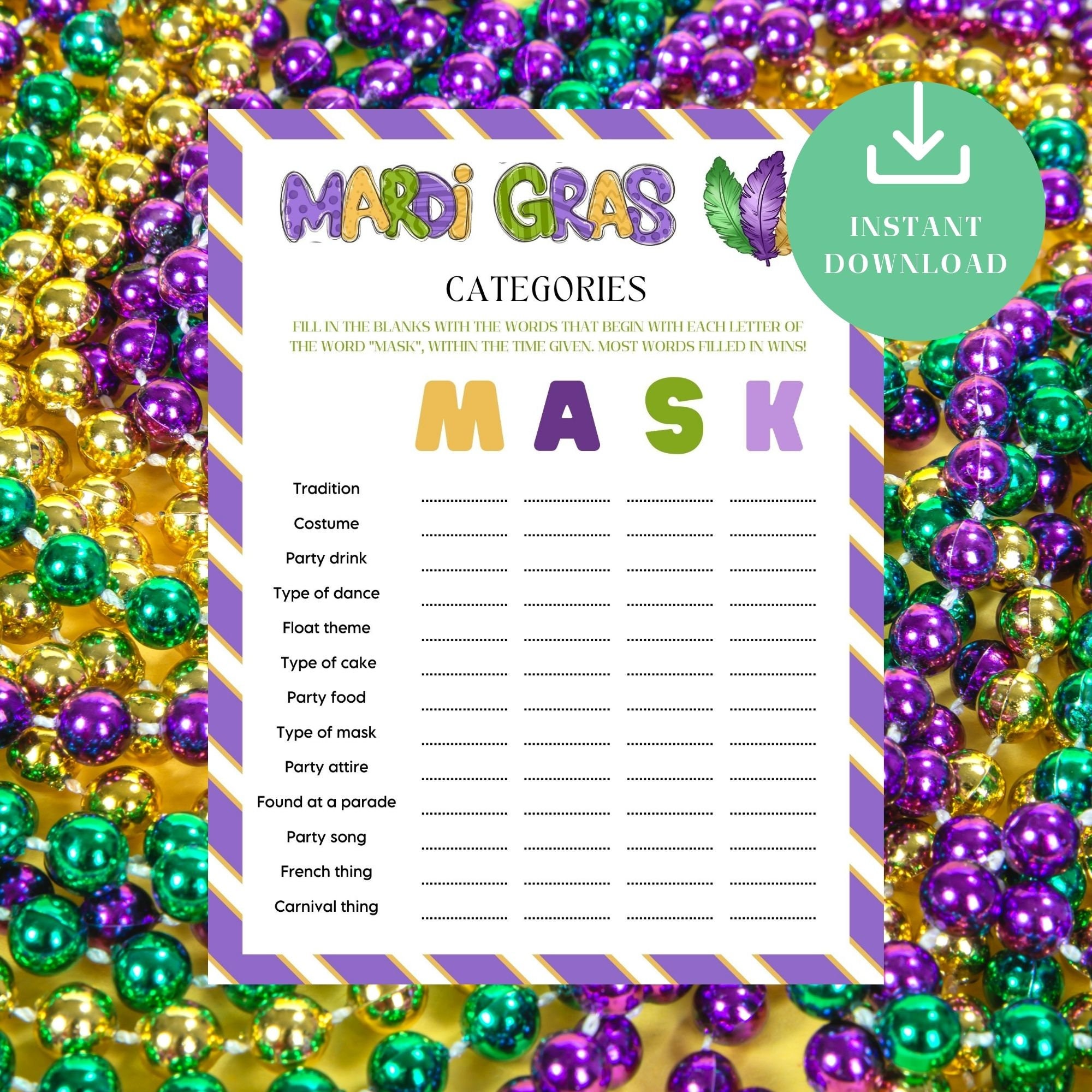 Mardi Gras Party Game, Categories Word Game, Mardi Gras Carnival Fun ...