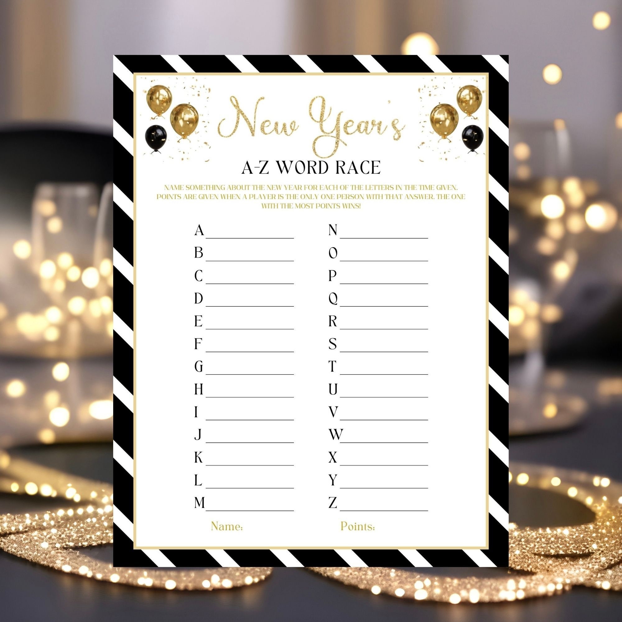 New Years Party Game Printable, A-Z Word Race, NYE Icebreaker Activity ...