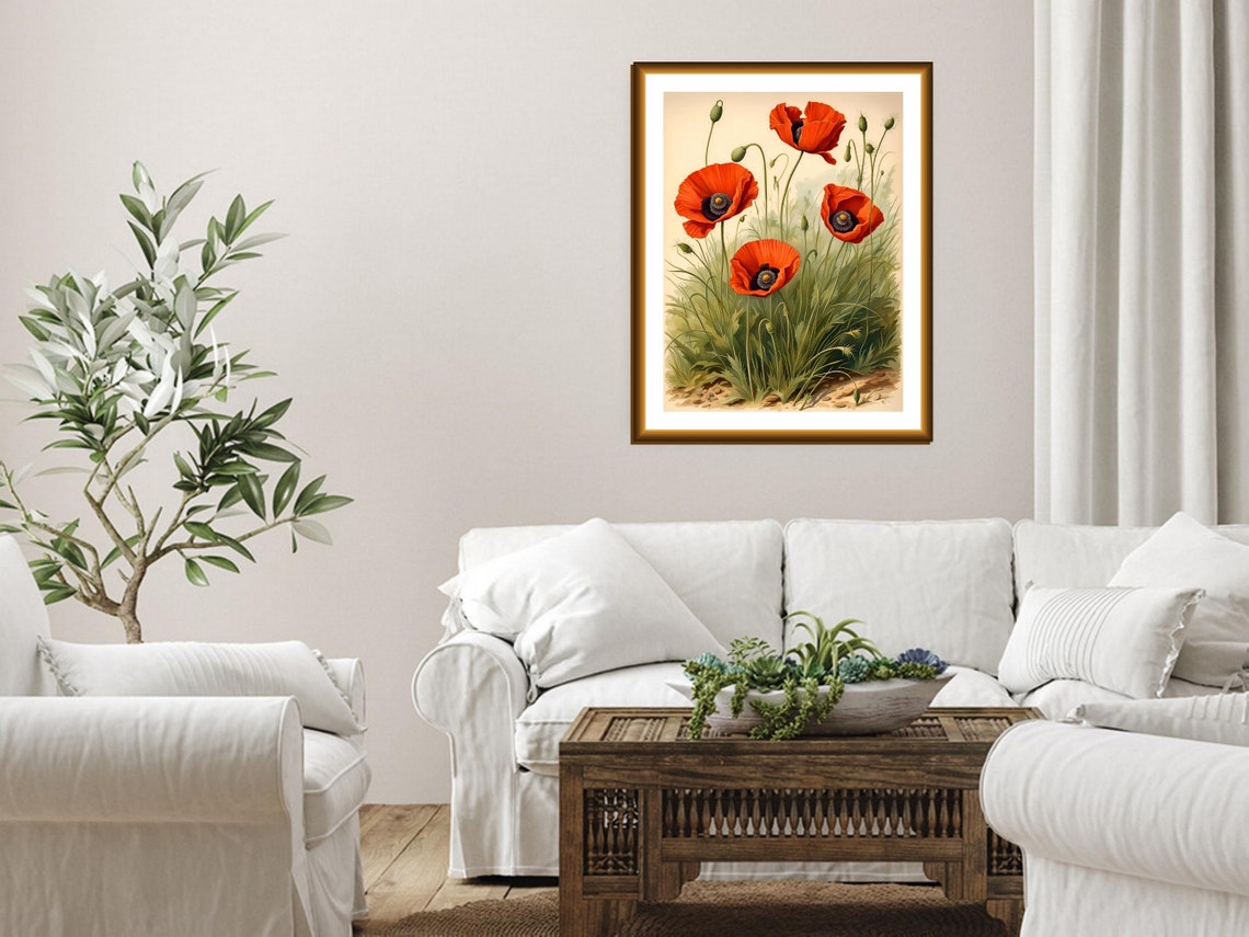 Poppy Flower Art Print, Vintage Poppies Illustration, Botanical Wall ...