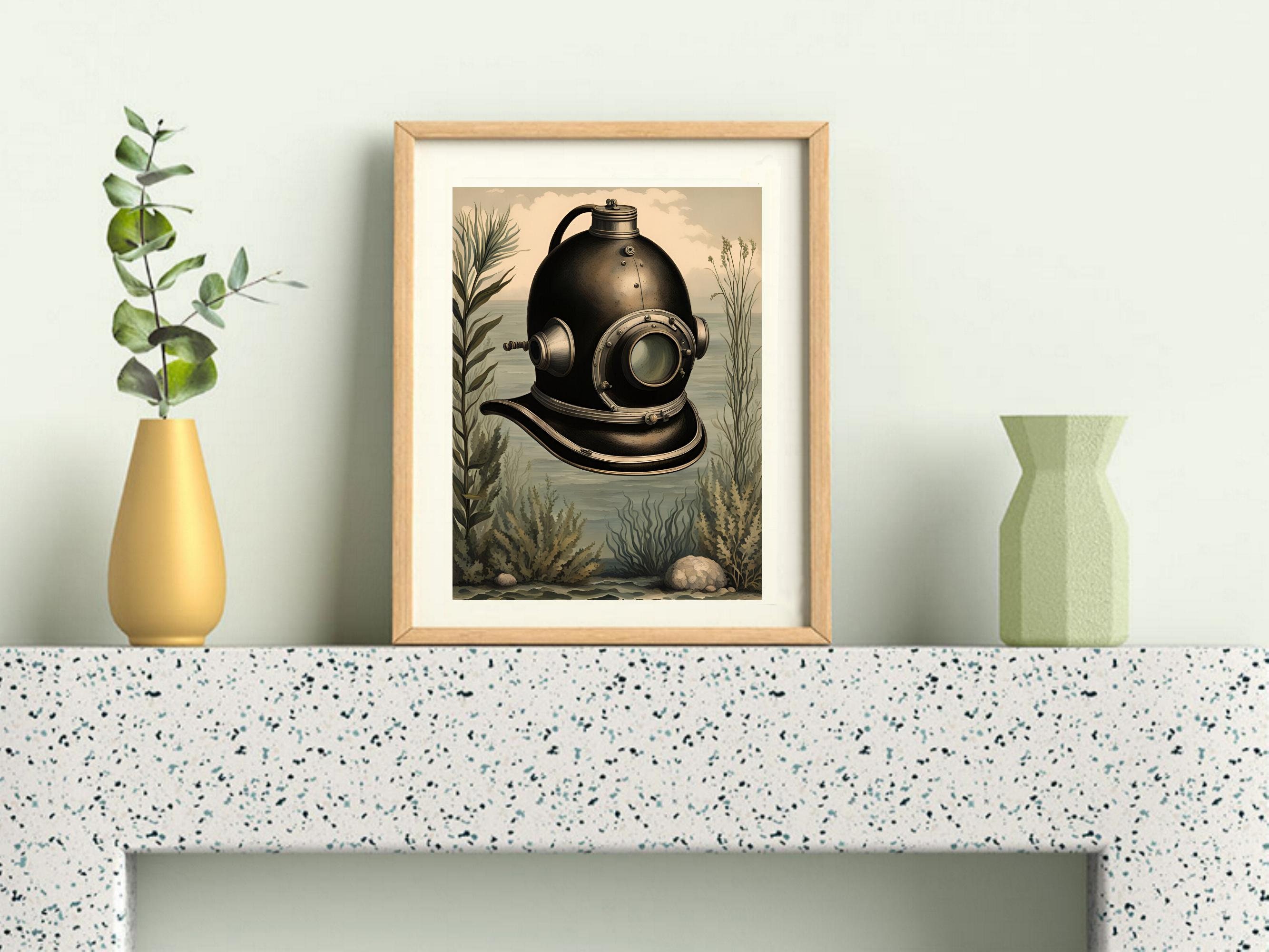 Antique Diving Helmet Art Print, Vintage Nautical Illustration, Coastal ...