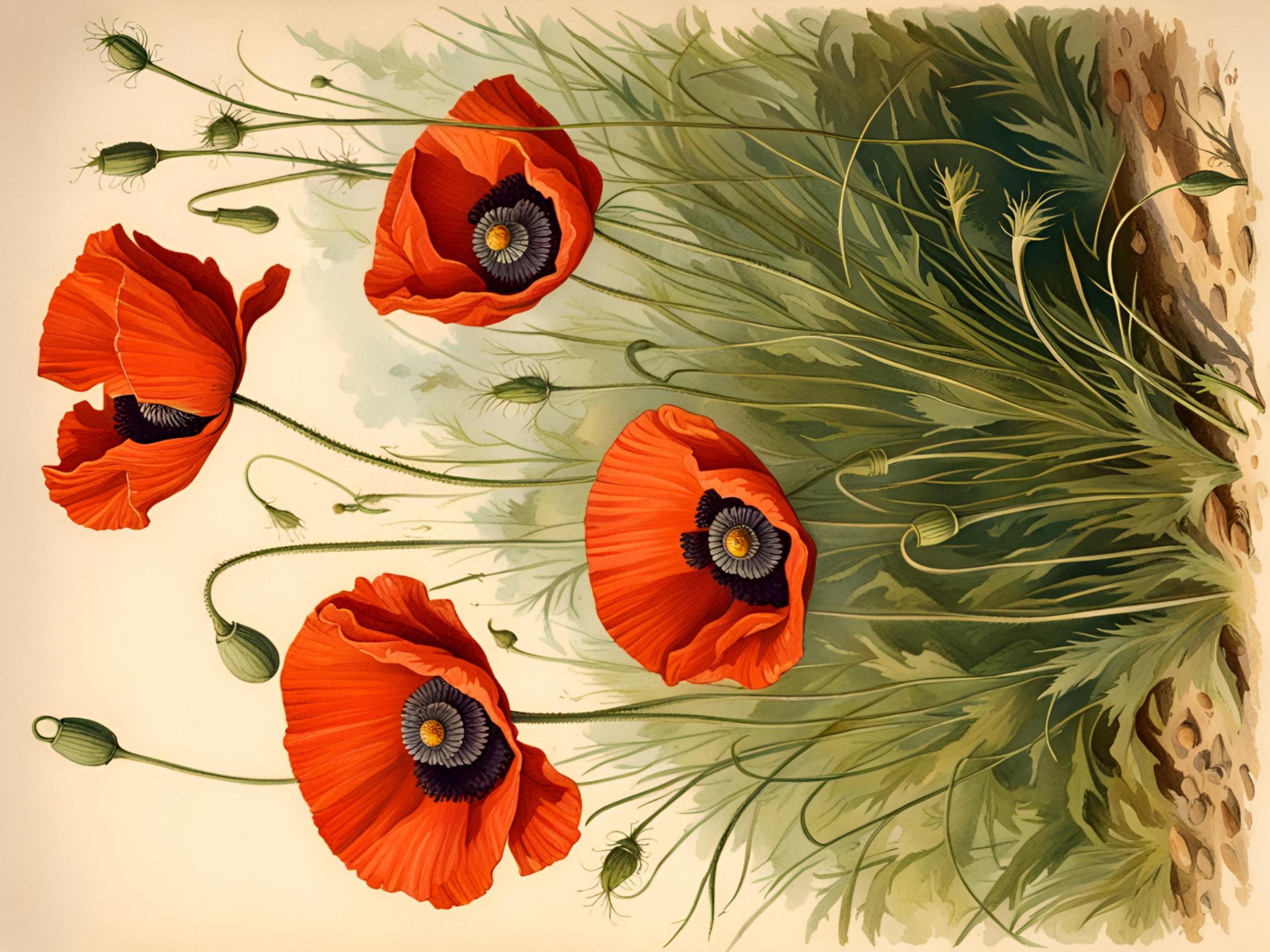 Poppy Flower Art Print, Vintage Poppies Illustration, Botanical Wall ...