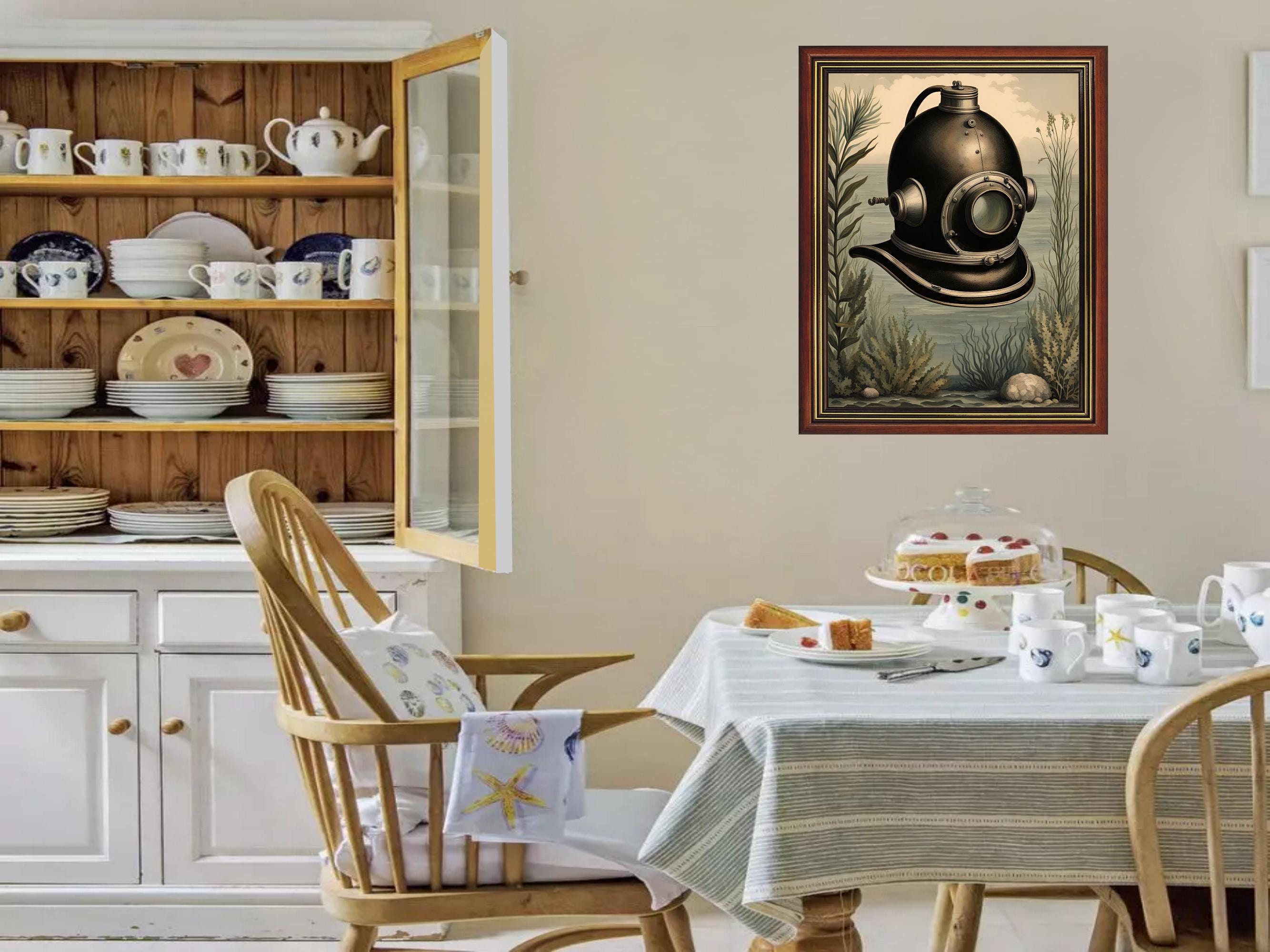 Antique Diving Helmet Art Print, Vintage Nautical Illustration, Coastal ...